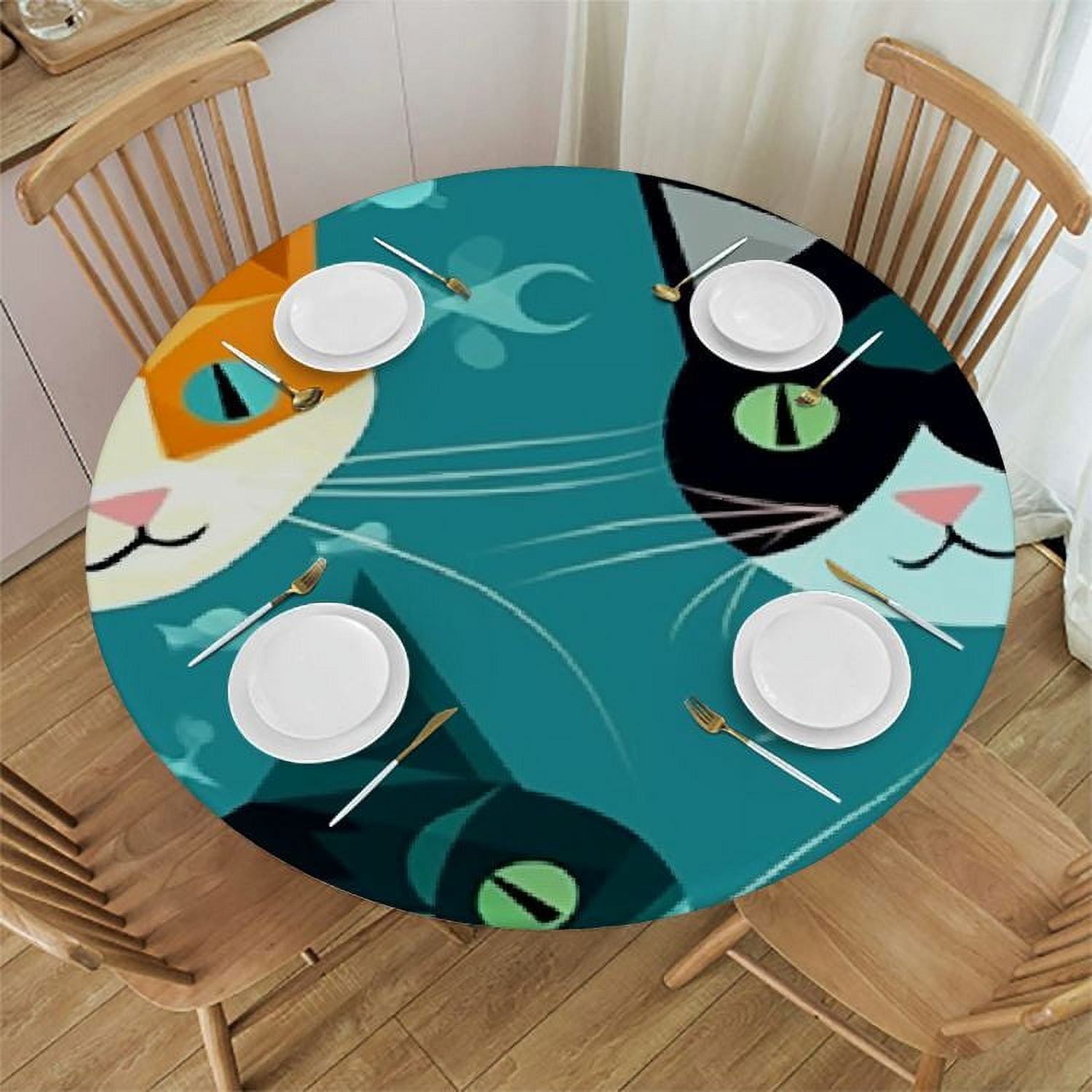RUIYC Cartoon Cats Round Tablecloth,Cute Kitten Colorful Kitty Blue ...