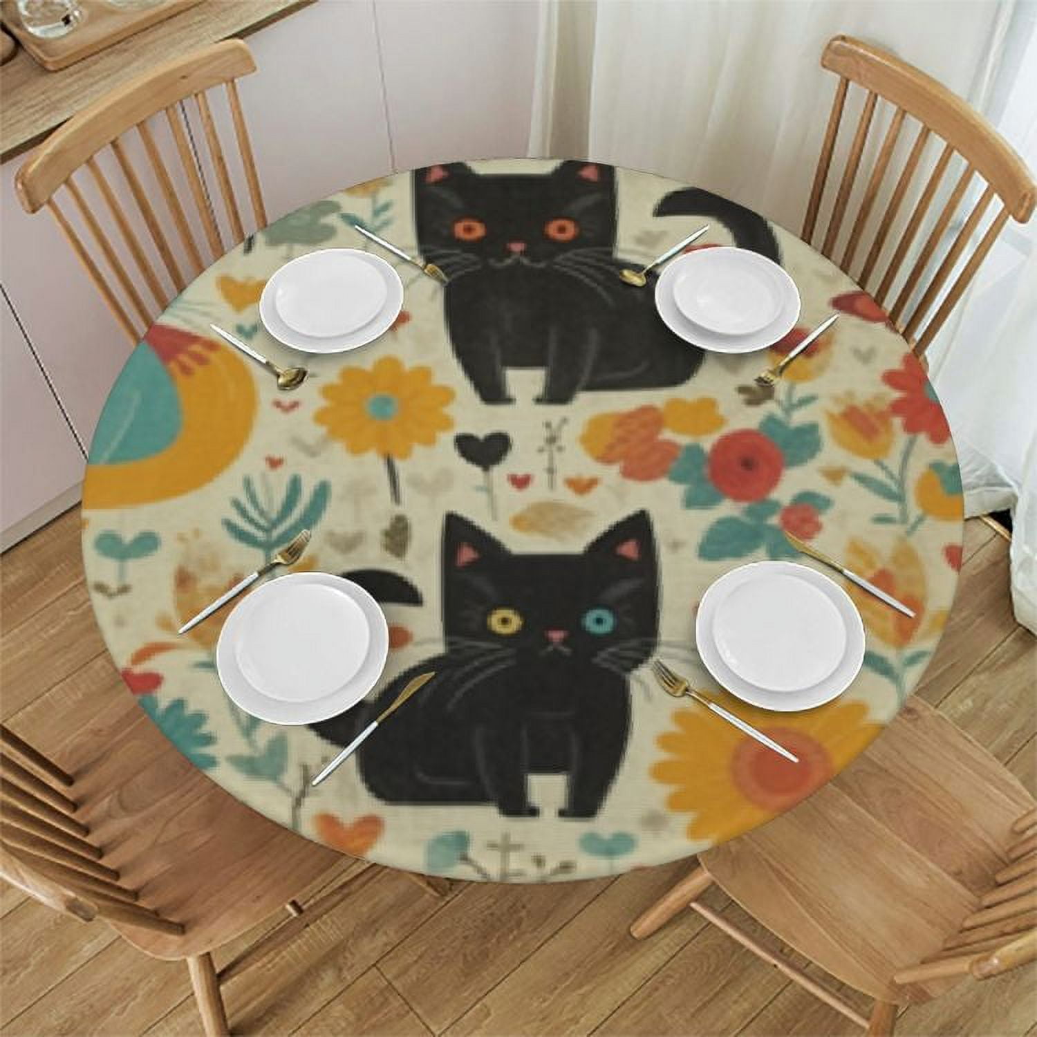 JEUXUS Cartoon Pattern Cute Catsny Cats Round Table Cover Printed Lace ...