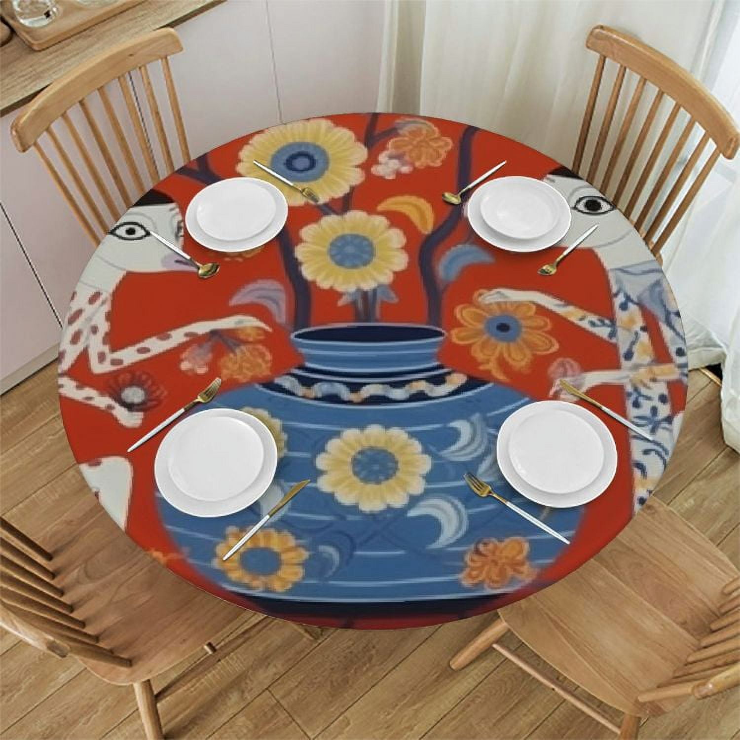 JEUXUS Chinese White Monkeys with Blue White Flowers White Dots on Red ...