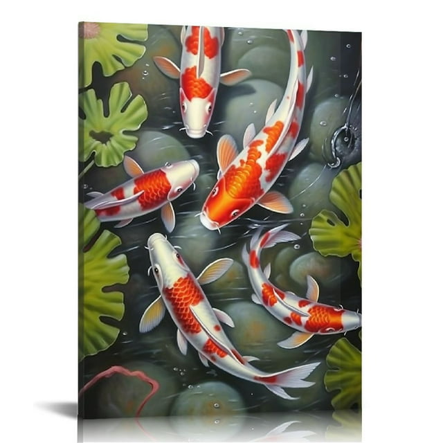 JEUXUS Chinese style Nine Red Koi Fish Landscape Oil Painting Canvas ...
