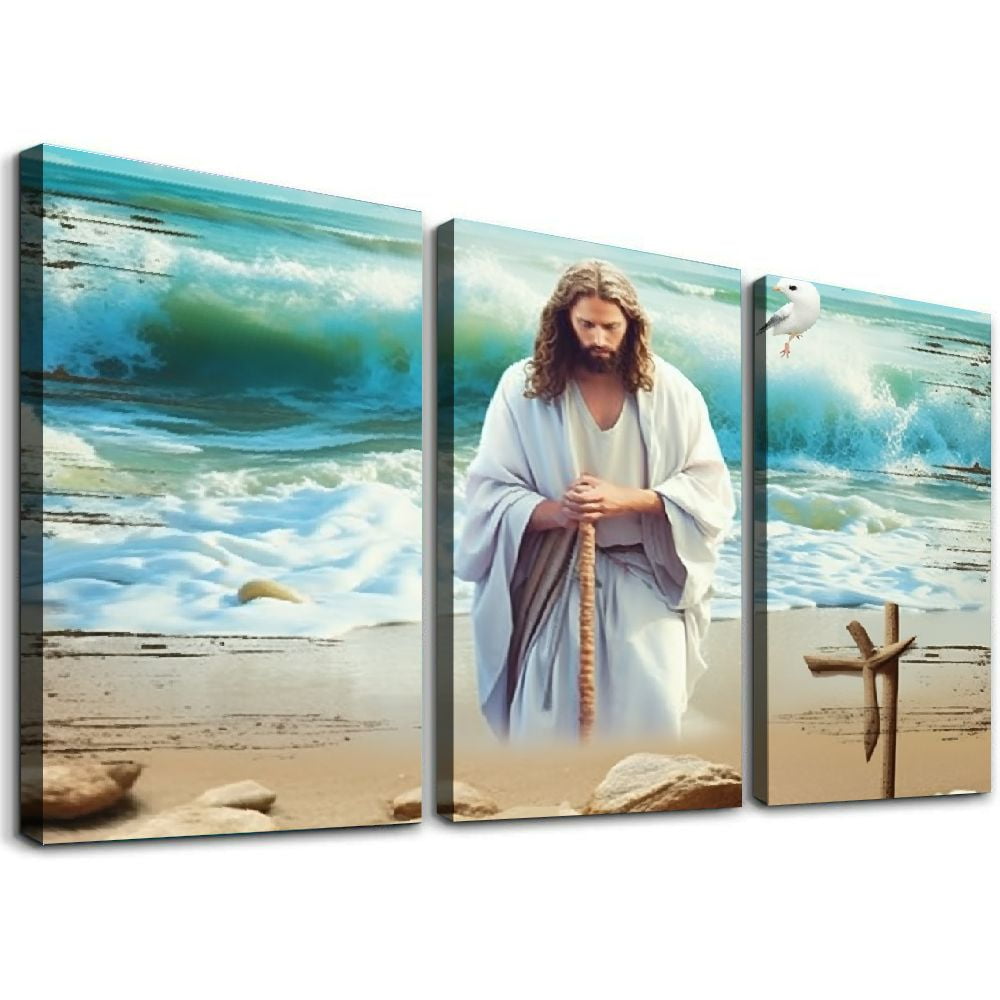 JEUXUS Christian Inspirational Decor Wall Art Jesus and Cross on Beach ...