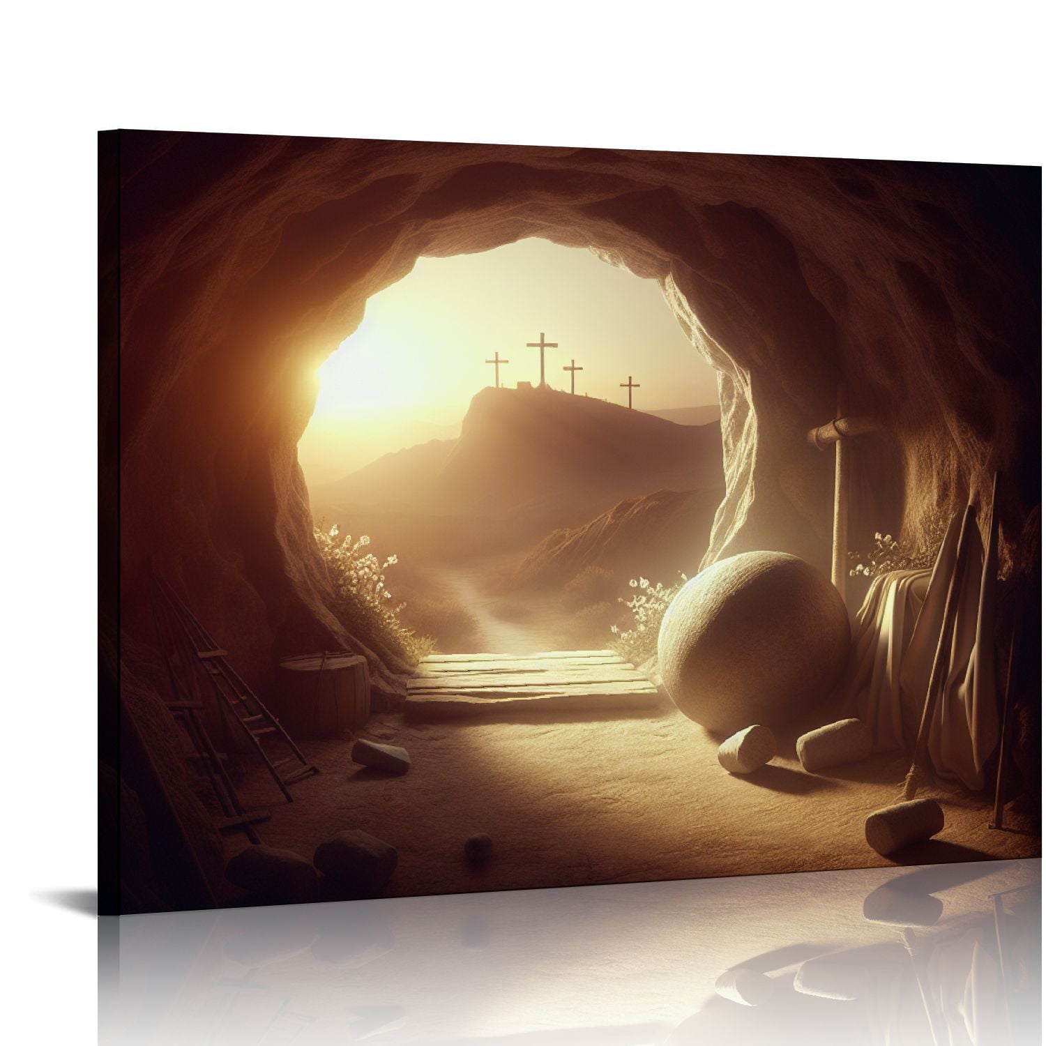 JEUXUS Christianity Canvas Wall Art Crucifixion at Sunrise Empty Tomb with Shroud Resurrection ...