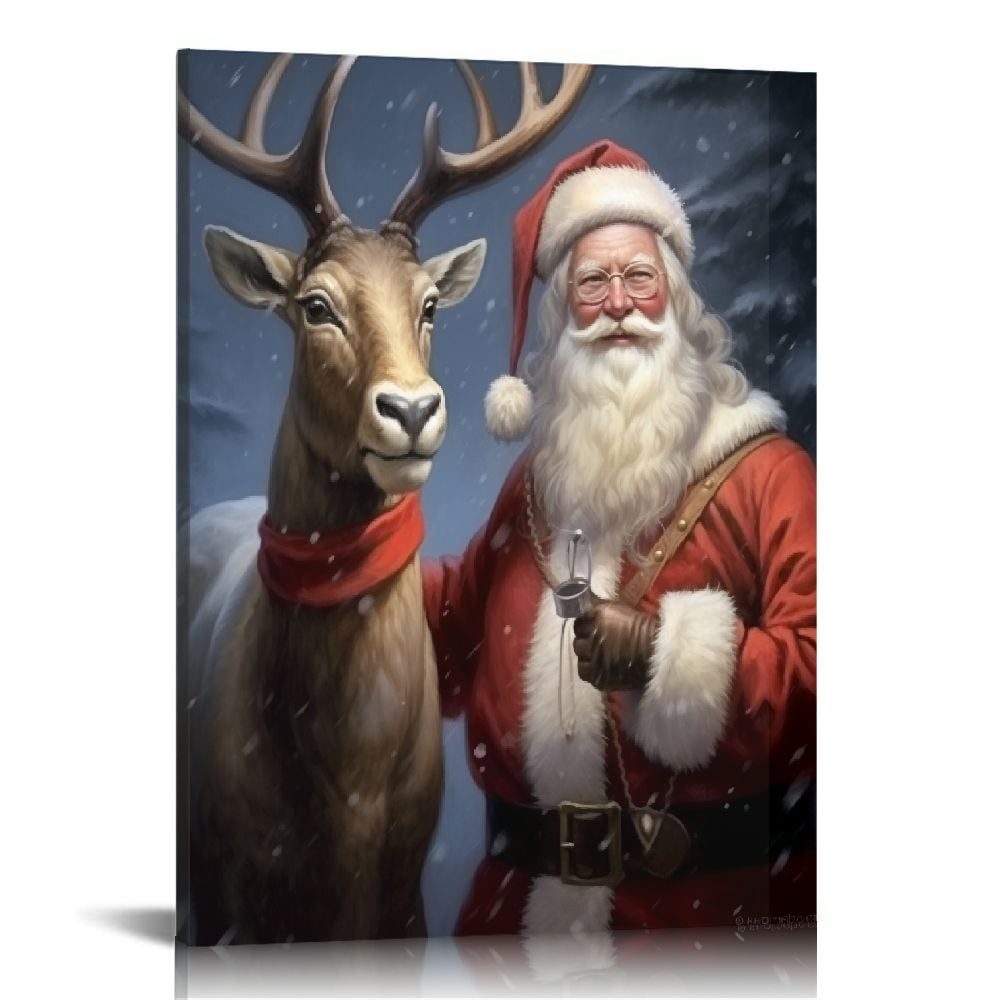 JEUXUS Christmas Canvas Wall Art Set of Winter Snow Scene Wall Art Santa Claus Snowman Elk Deer ...