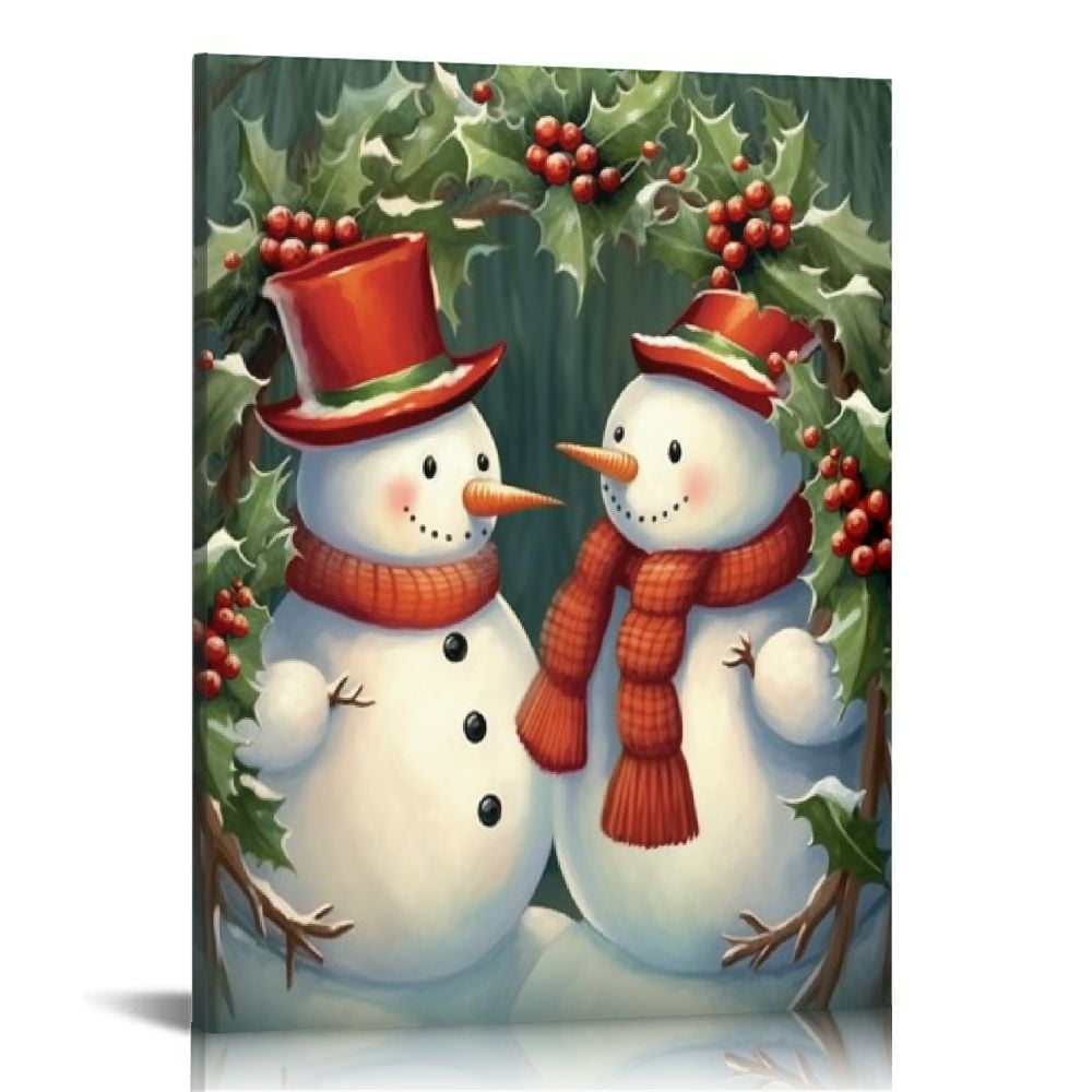 JEUXUS Christmas Canvas Wall Art, Snowman Holiday Decorations, Framed ...