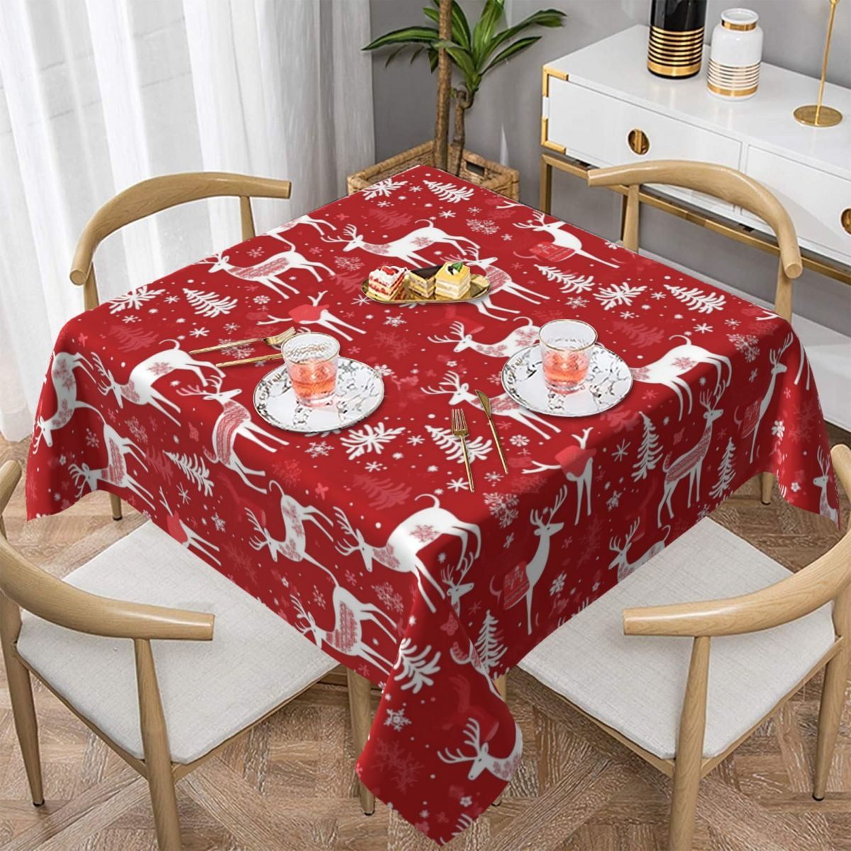 JEUXUS Christmas Elk Christmas Tree Snowflakes Christmas Gifts Square Decorative Tablecloth ...
