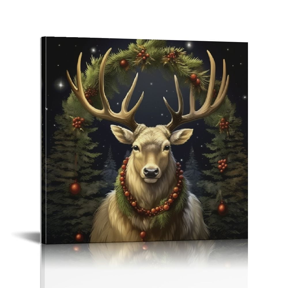 JEUXUS Christmas Reindeer Canvas Wall Art Square Winter Decor Gallery ...