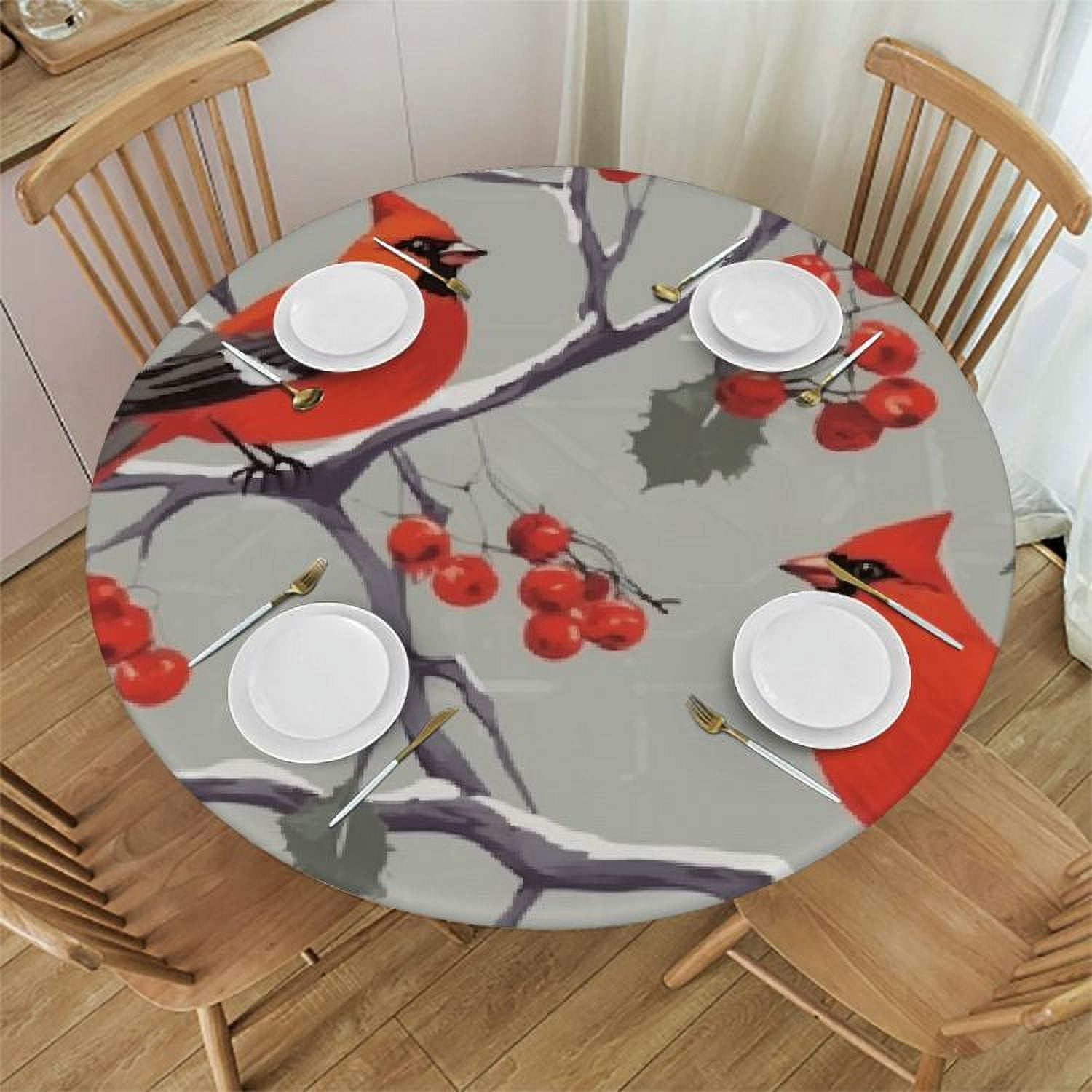 JEUXUS Christmas Winter Cardinal Snowy Branch Table Round Cover Elastic ...
