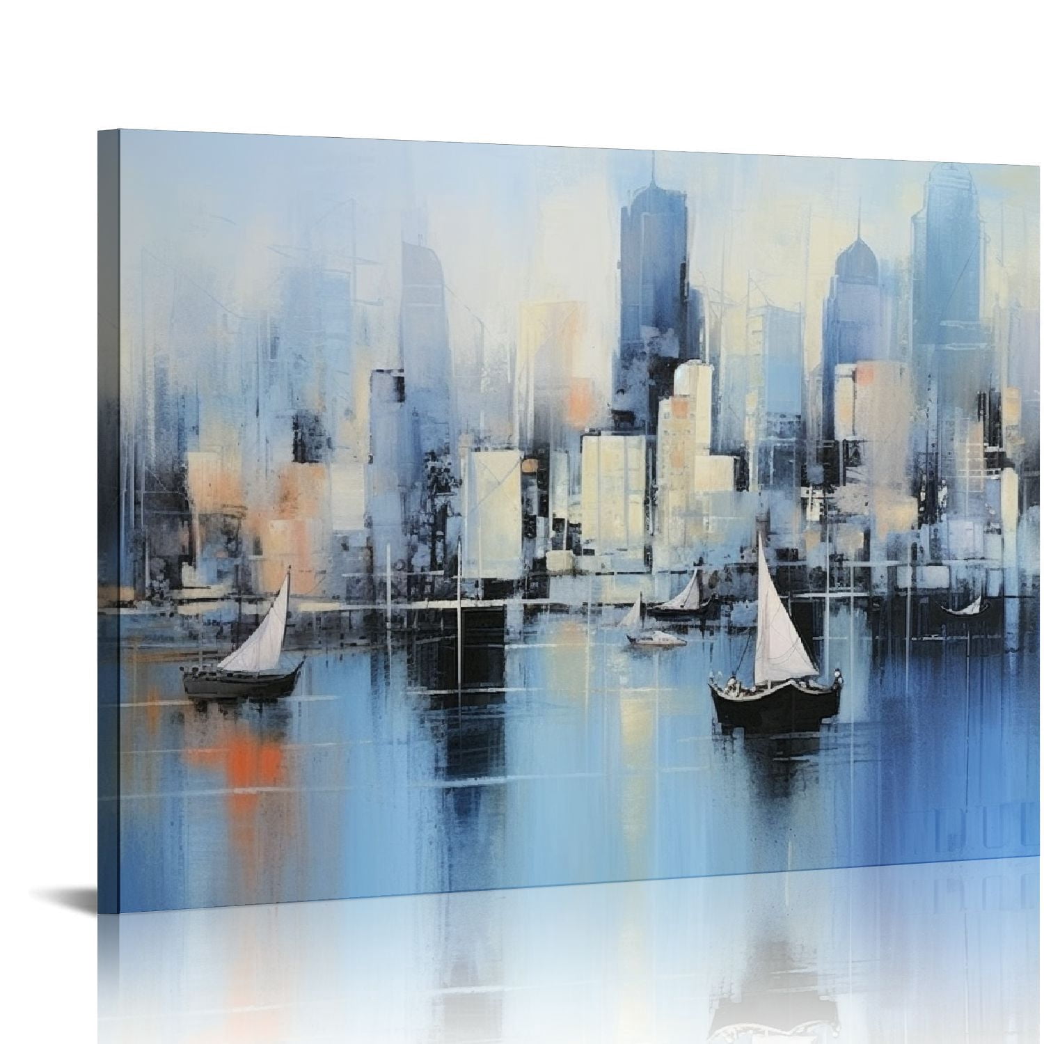 JEUXUS City Wall Art Abstract Navy Blue Cityscape Canvas Painting New ...