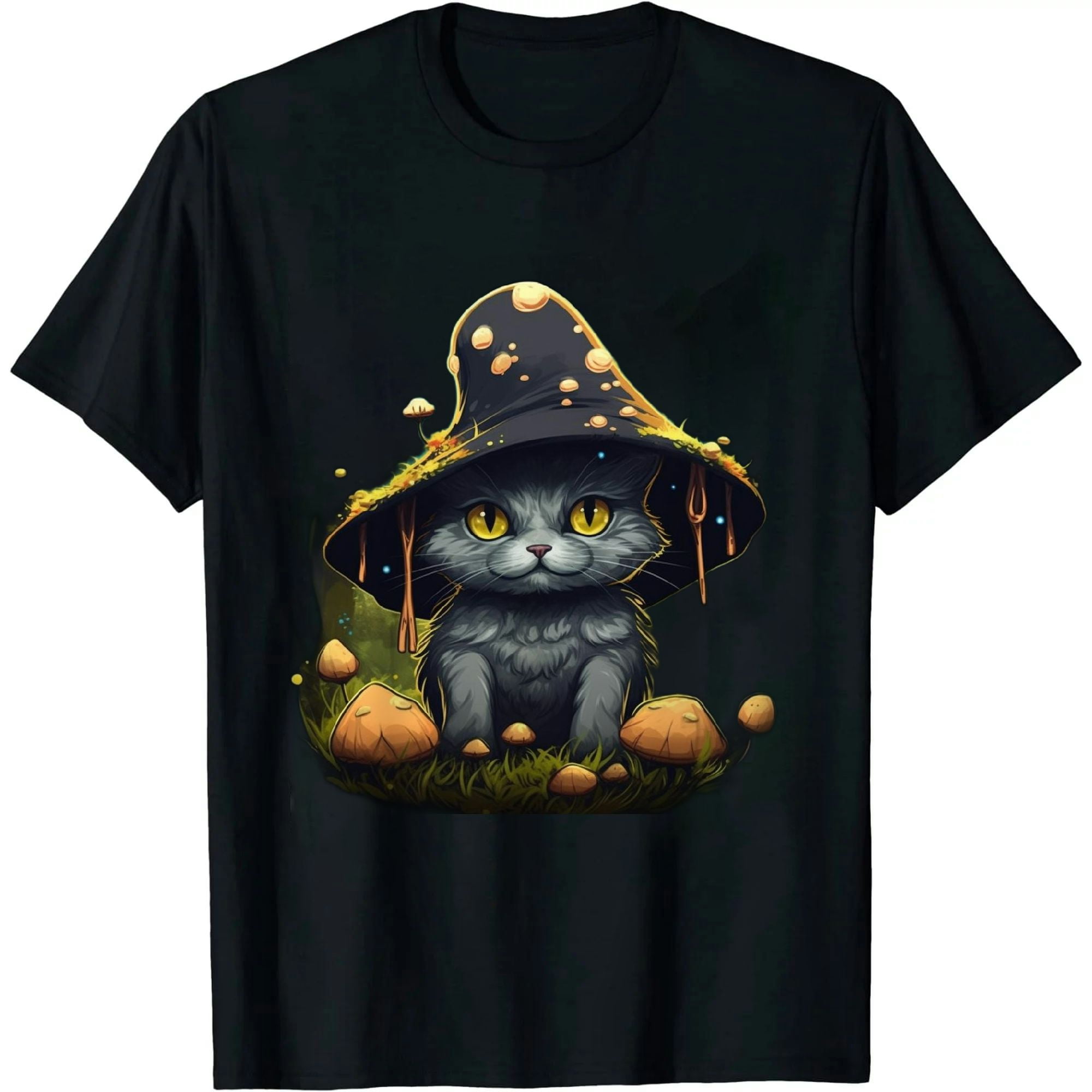 JEUXUS Cottagecore Cats Aesthetic Black Cat Mushroom Hat Kawaii T-Shirt ...