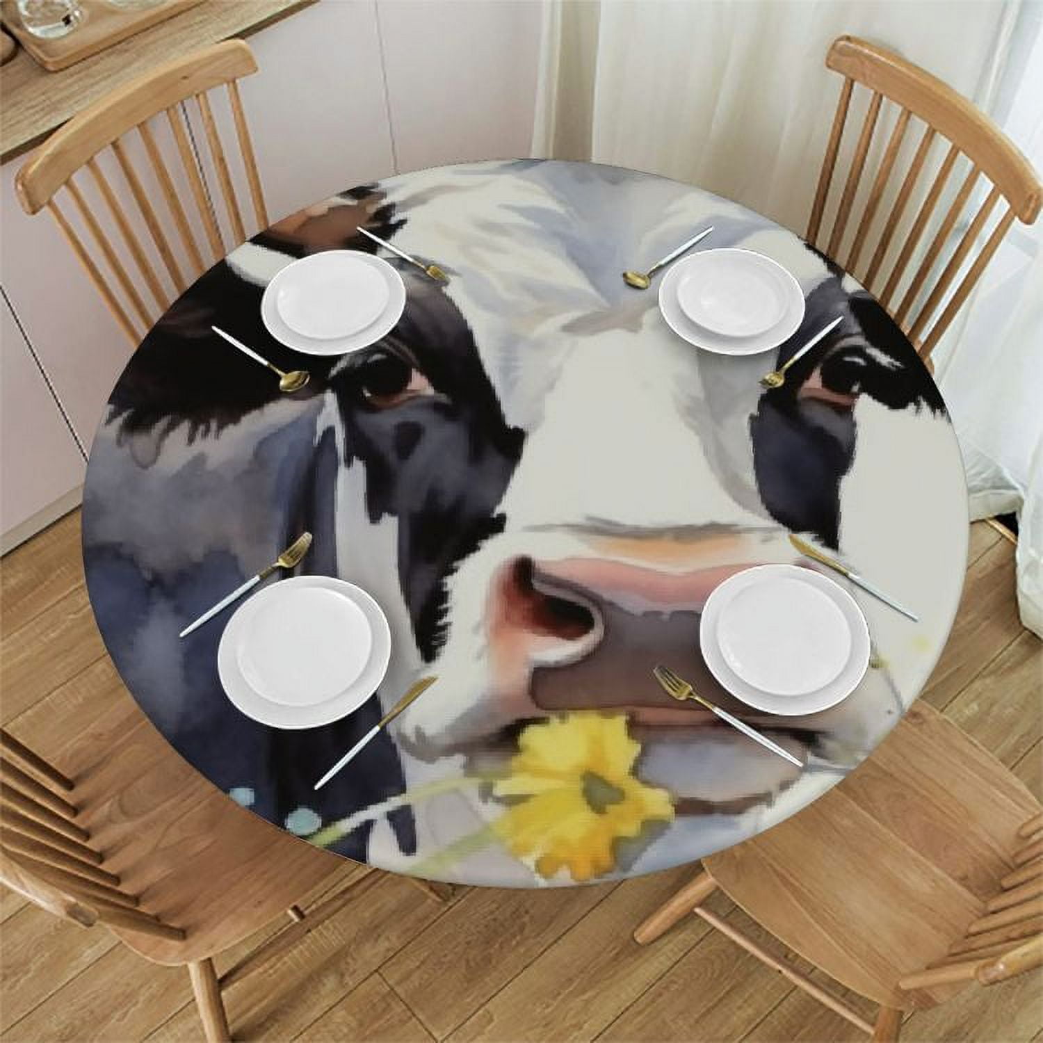 JEUXUS Cow Print Round Fitted Tablecloth with Elastic Edge Waterproof ...