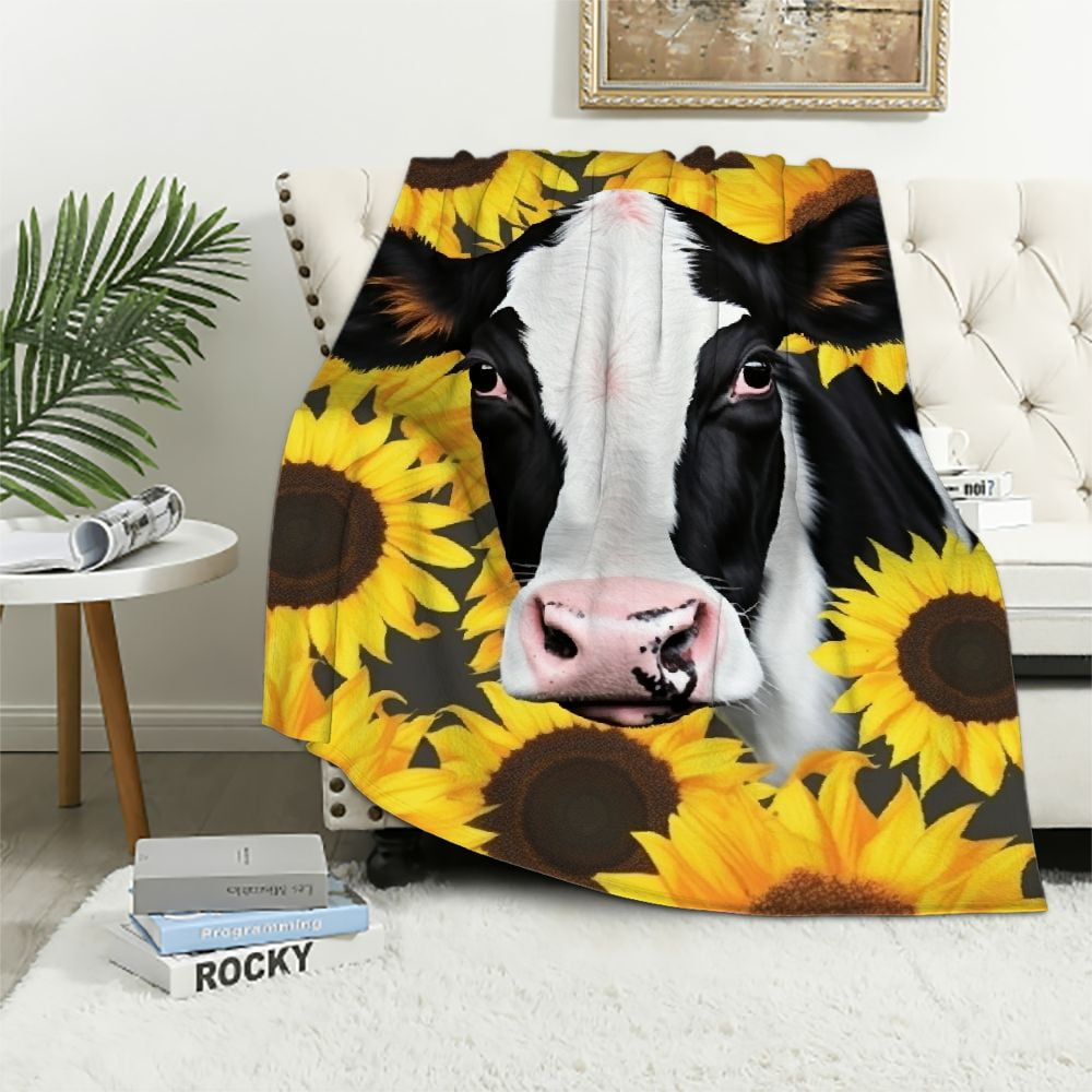 JEUXUS Cow Print Sunflower Flannel Blanket Plush Blanket Air ...