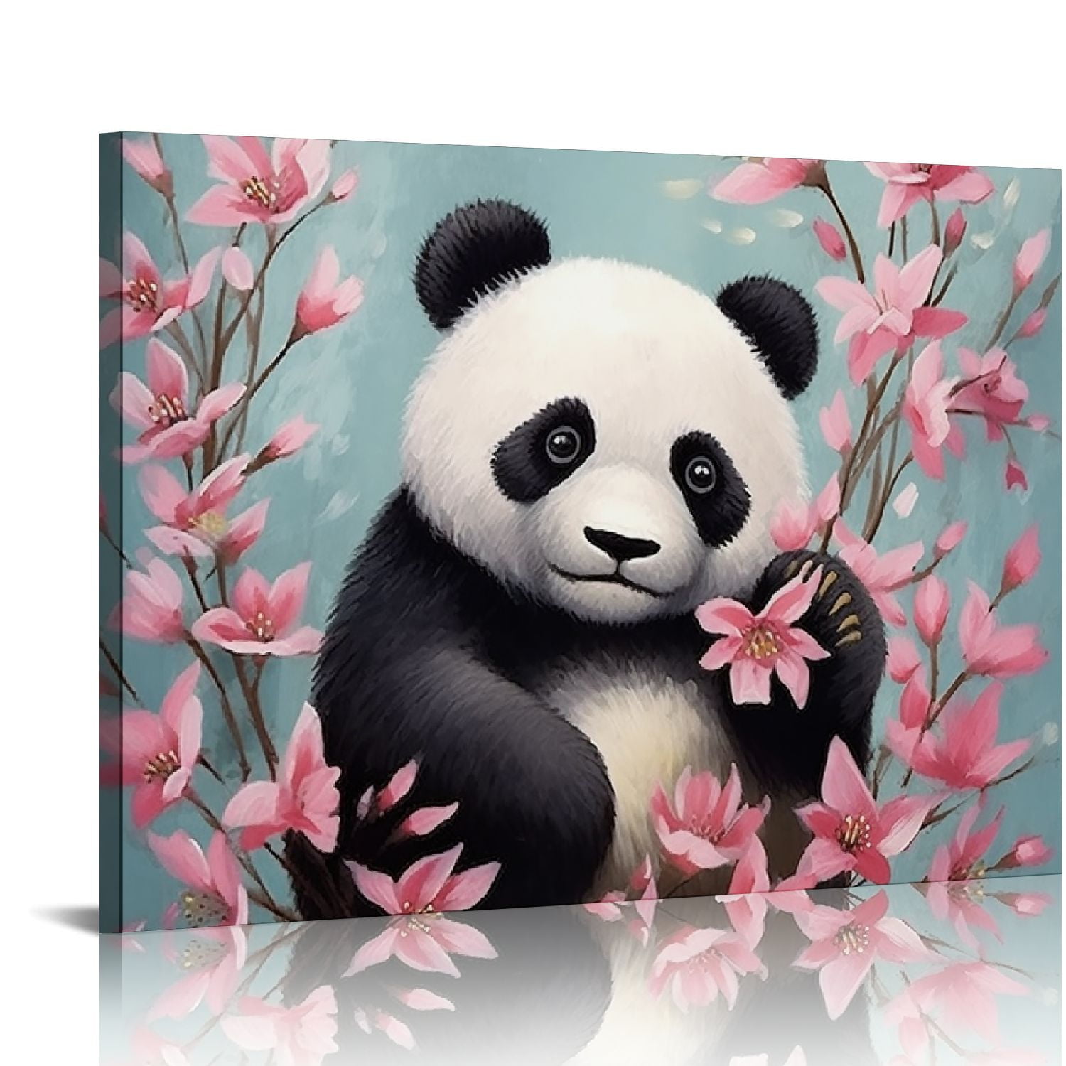 JEUXUS Cute Animal Canvas Wall Art Baby Panda Playing with Flower ...