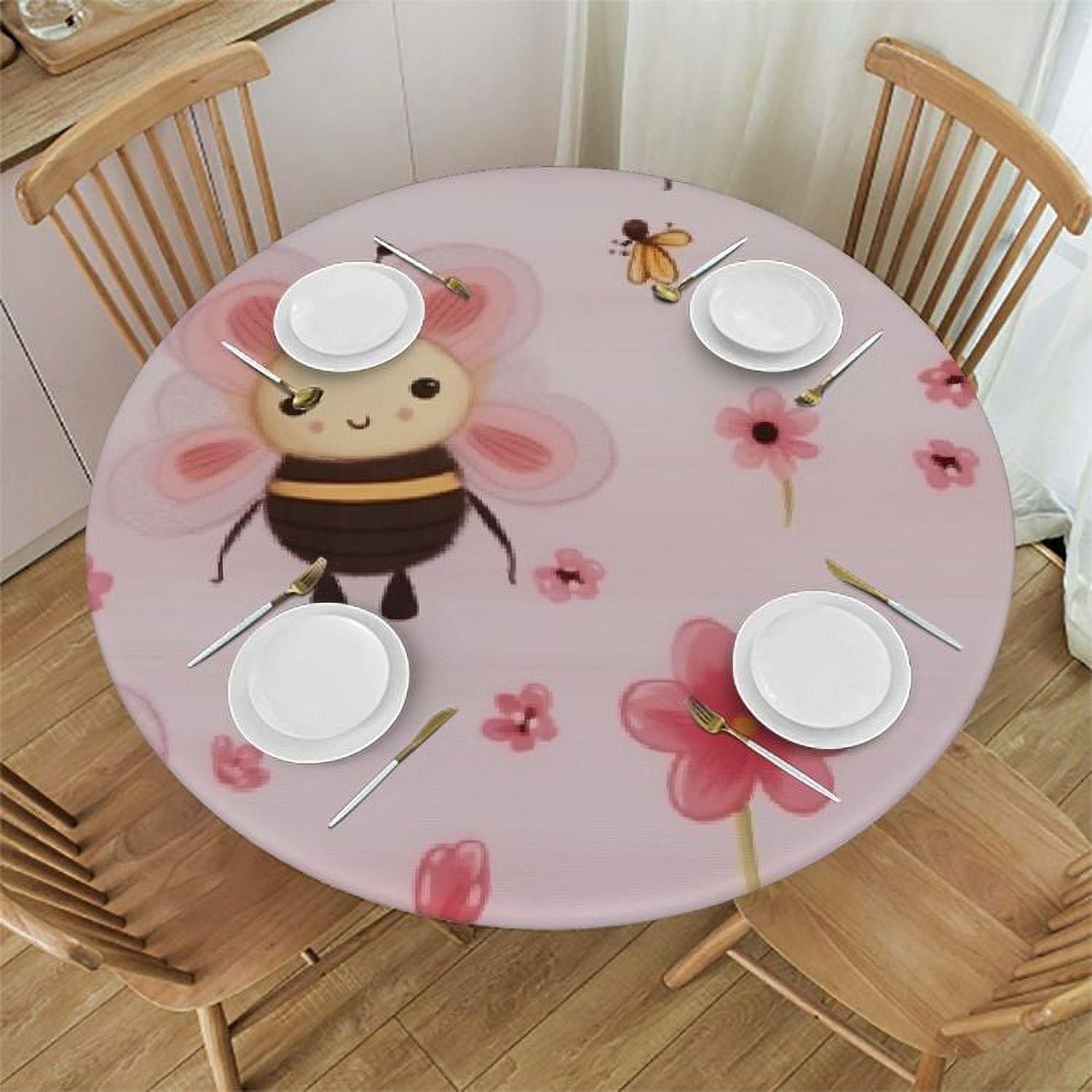 JEUXUS Cute Bee Pink Cherry Blossom Round Fitted Tablecloth with ...