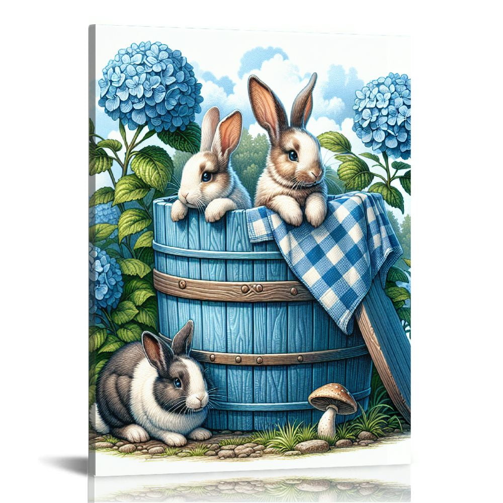 JEUXUS Cute Bunny Wall Art Blue Flowers Canvas Print Picture Farmhouse ...