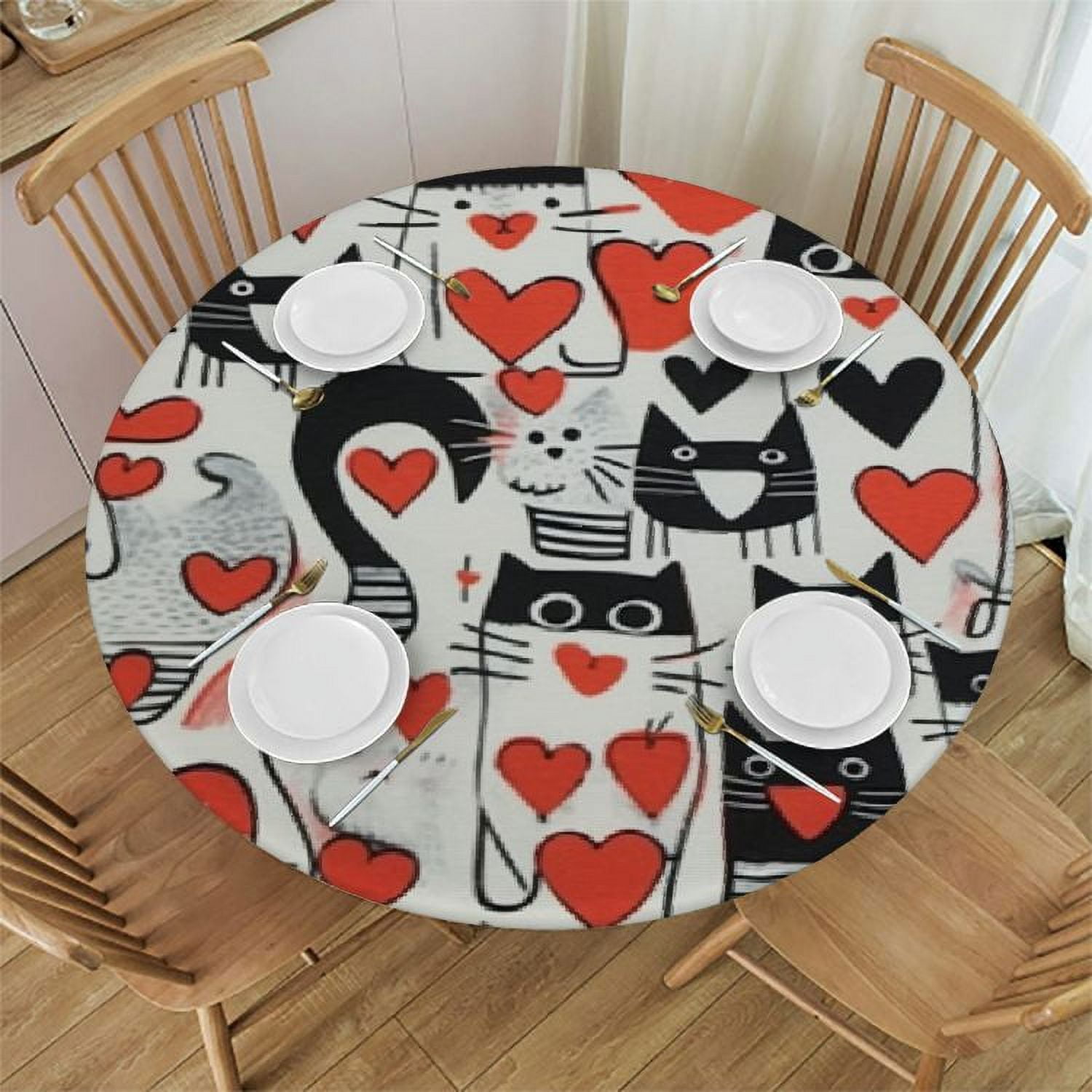 JEUXUS Cute Cat Pattern Round Tablecloth with Elastic Edge Tablecloth ...
