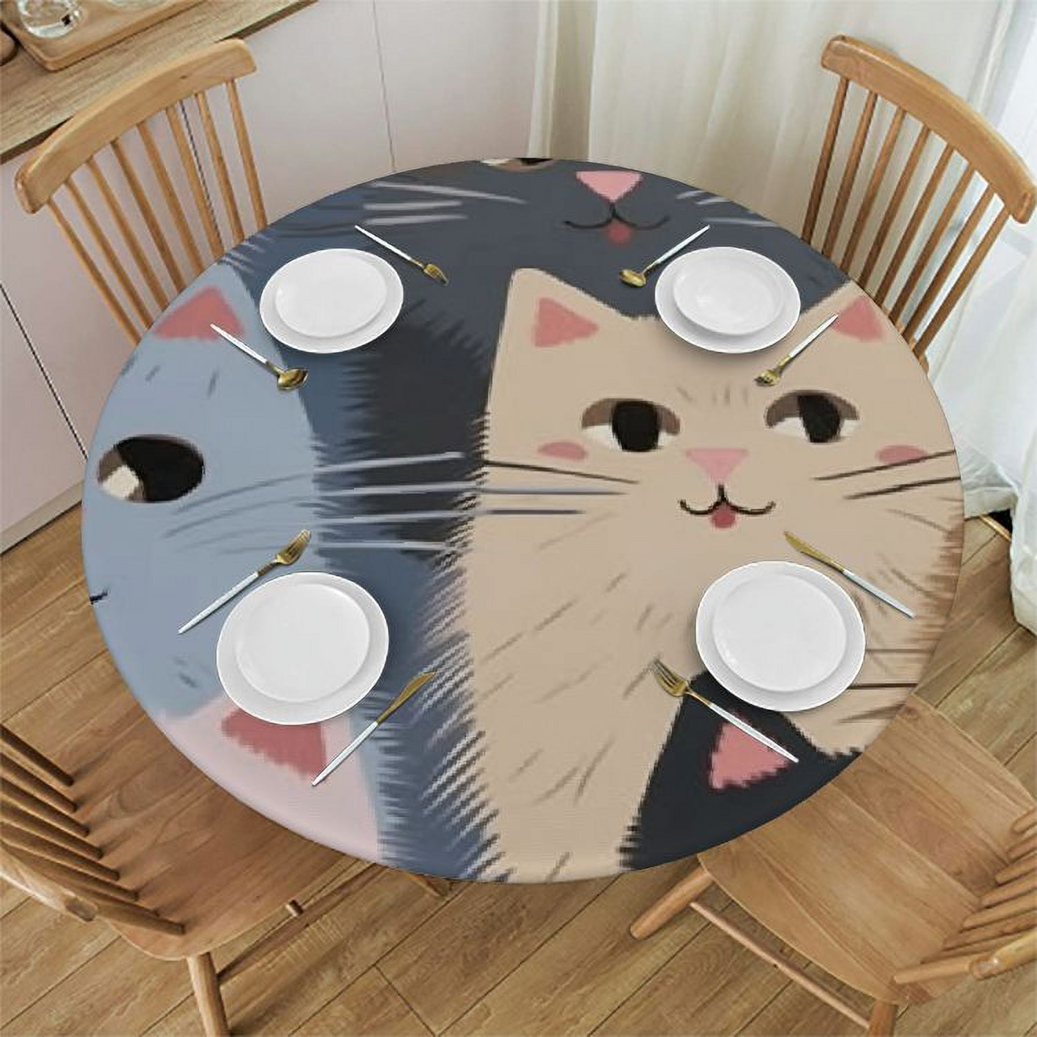 JEUXUS Cute Cat Tablecloth Round Funny Kitty Cats Animal Blue Gray ...