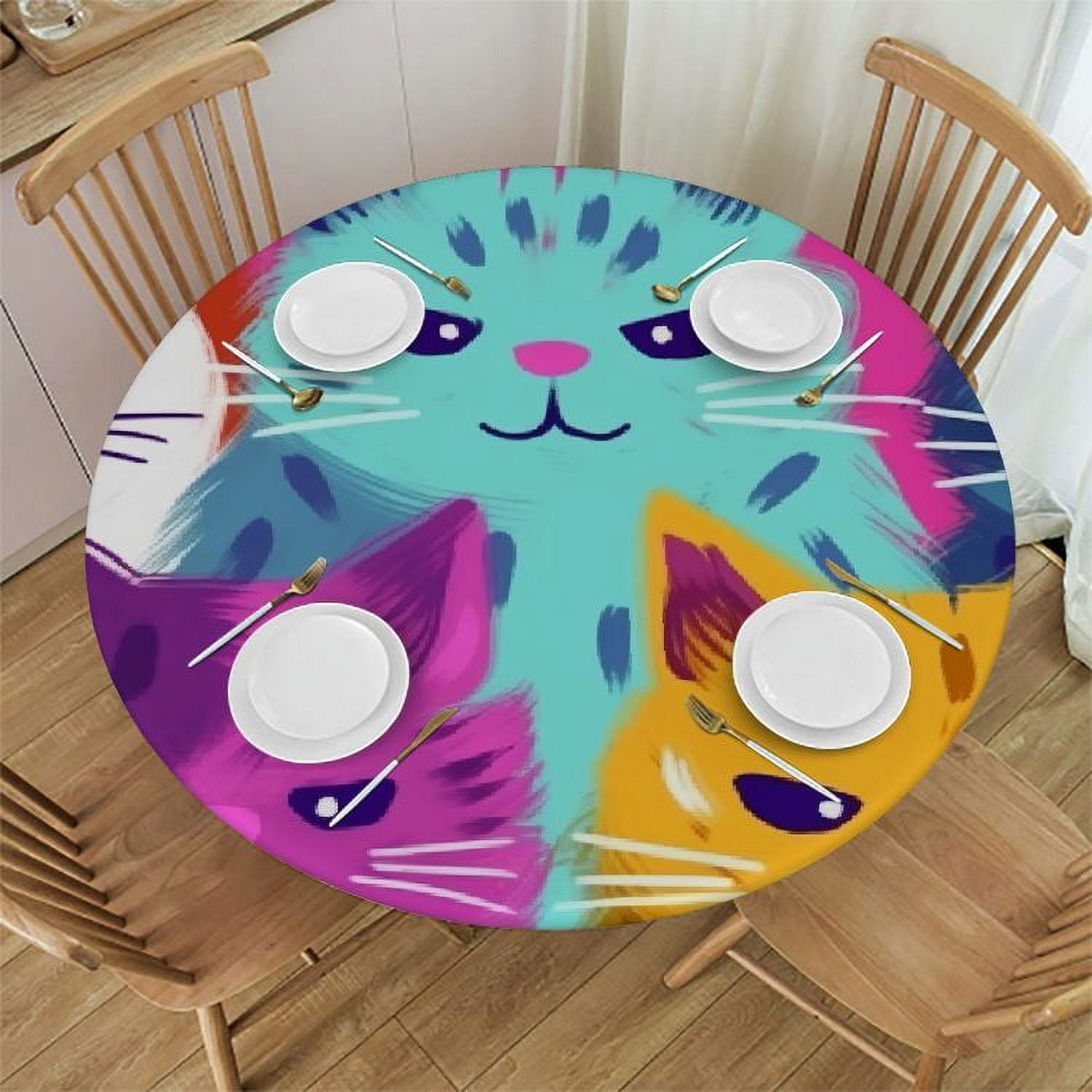 JEUXUS Cute Cats Round Tablecloth,Colorful Kitten Kawaii Kitty Pink ...