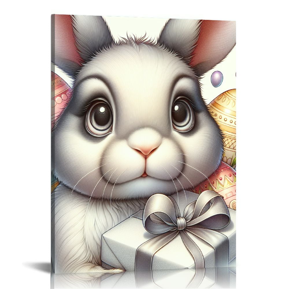 JEUXUS Cute Easter Bunny Canvas Painting Wall Art Easter Egg And Gift ...
