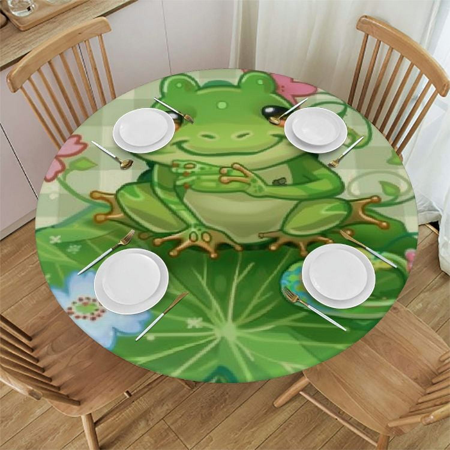 JEUXUS Cute Frog Hold a Leaf with Dragonfly Cartoon Round Tablecloth ...
