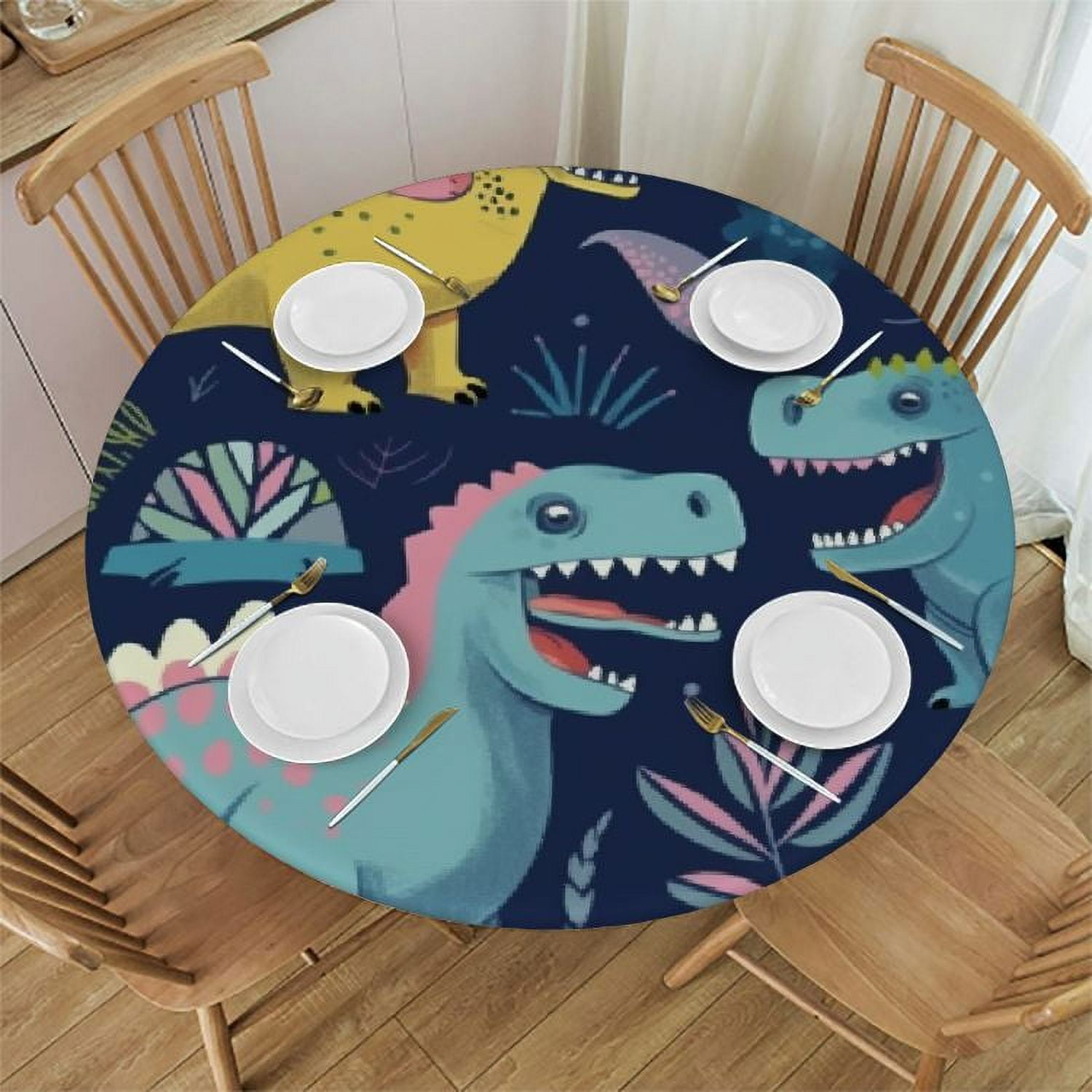 JEUXUS Cute Funny Kids Dinosaurs Round Tablecloth with Elastic Round ...