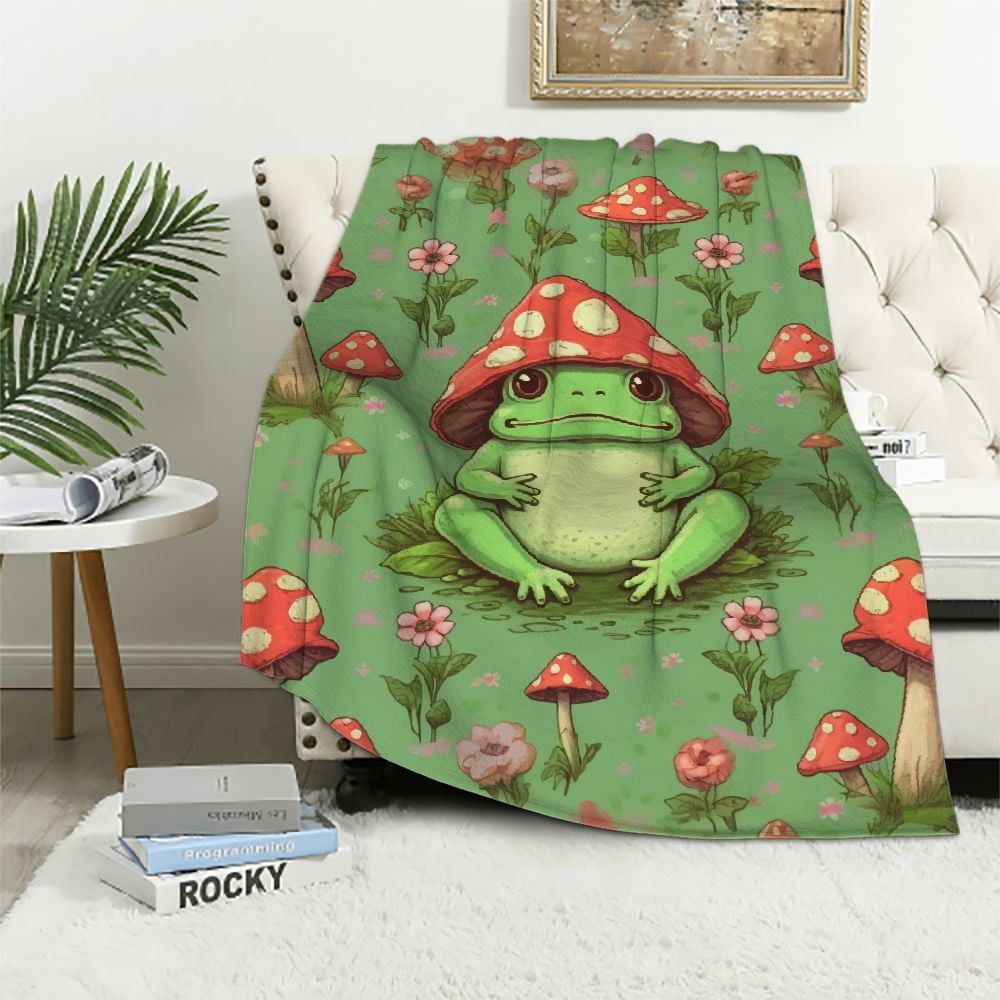 JEUXUS Cute Green Frog Mushroom Blanket, Flannel Blanket Soft and Cozy ...