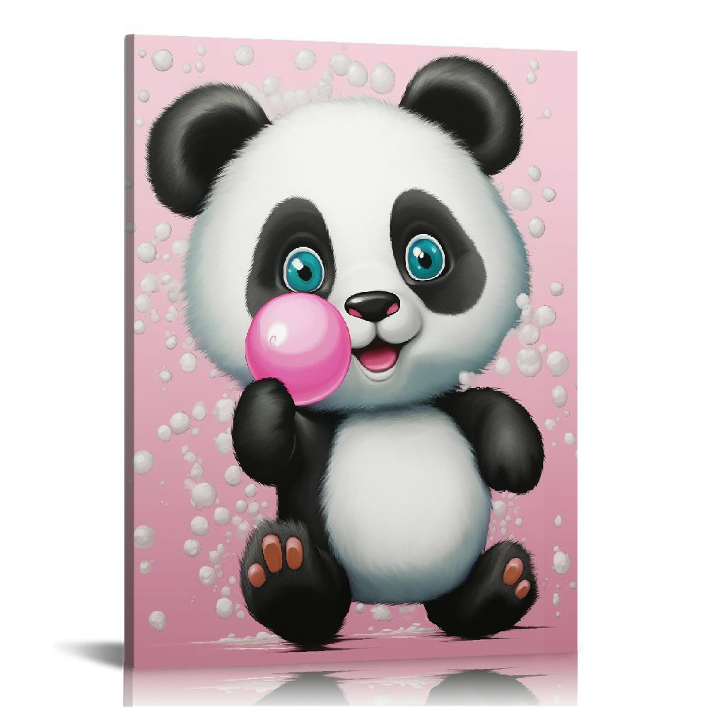 JEUXUS Cute Panda Bubble Gum Art Pink Canvas Print Animal Print Black ...