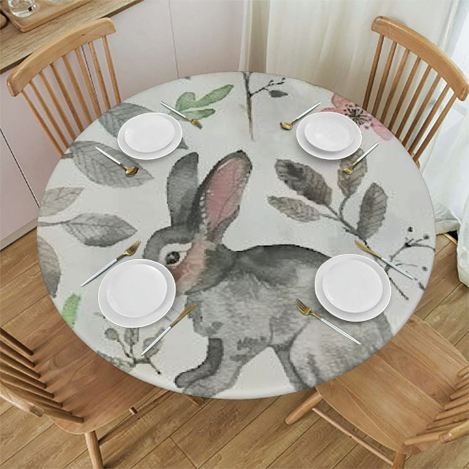 JEUXUS Cute Rabbits Table Cover Lovely Bunny Herbs Floral Leaf Blossom ...