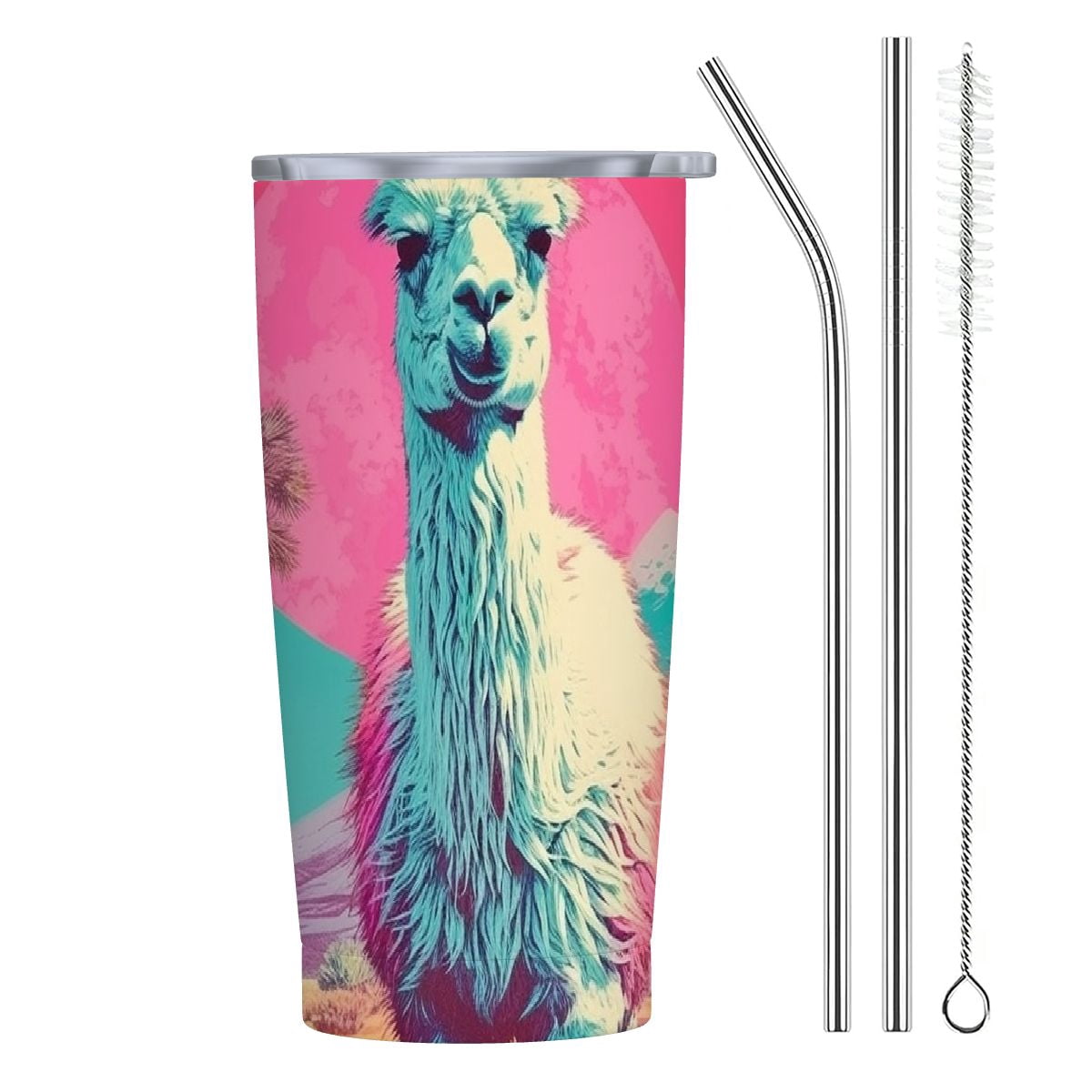 JEUXUS Cute White Llama Alpaca Cactus Tumbler with Lid and Straw ...