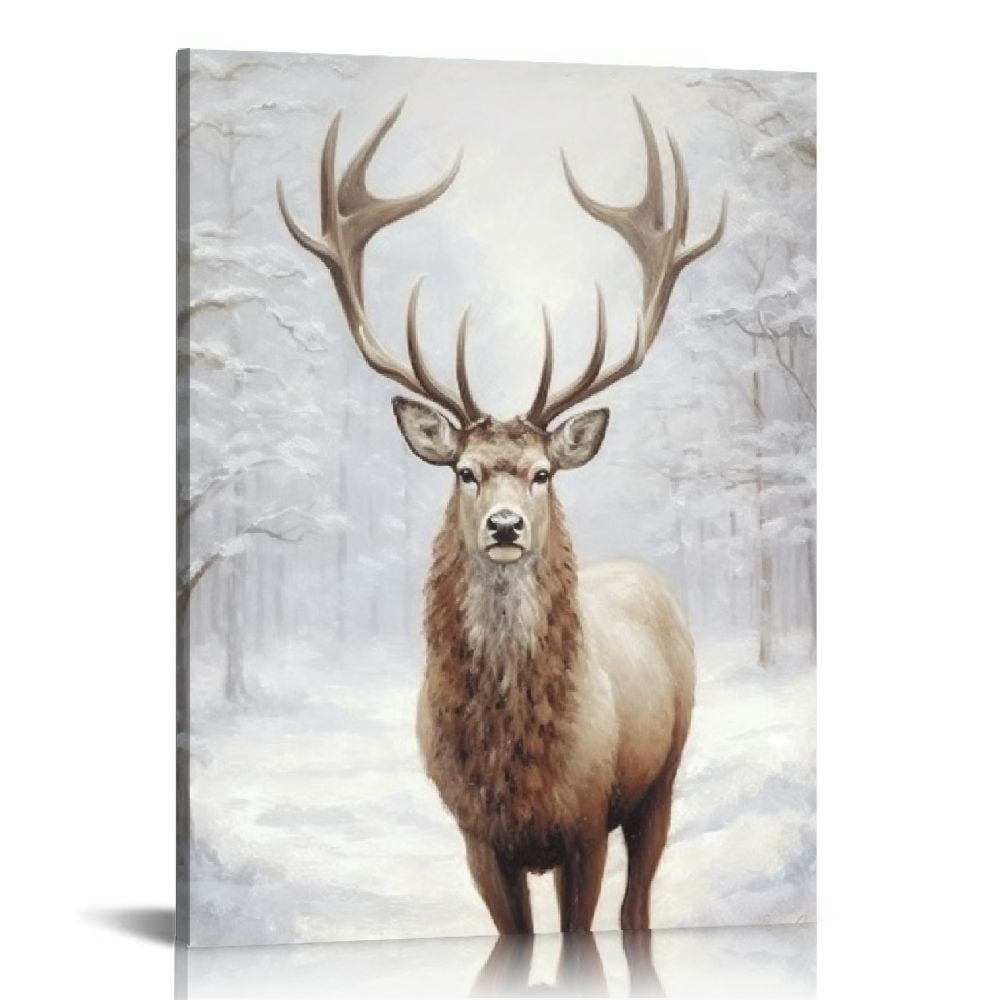 JEUXUS Deer Wall Art Canvas: Natural Deer in the Snow Winter Wall ...