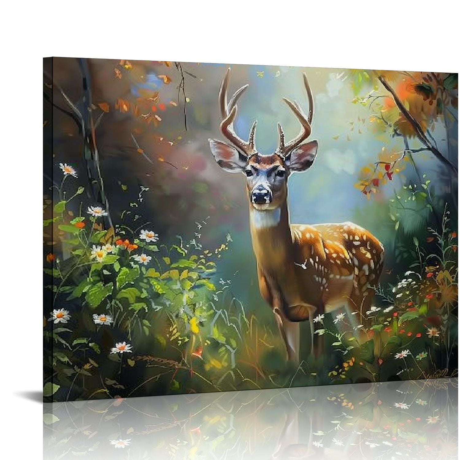 JEUXUS Deer Wall Art Decor Elk Canvas Pictures Forest Landscape Theme ...