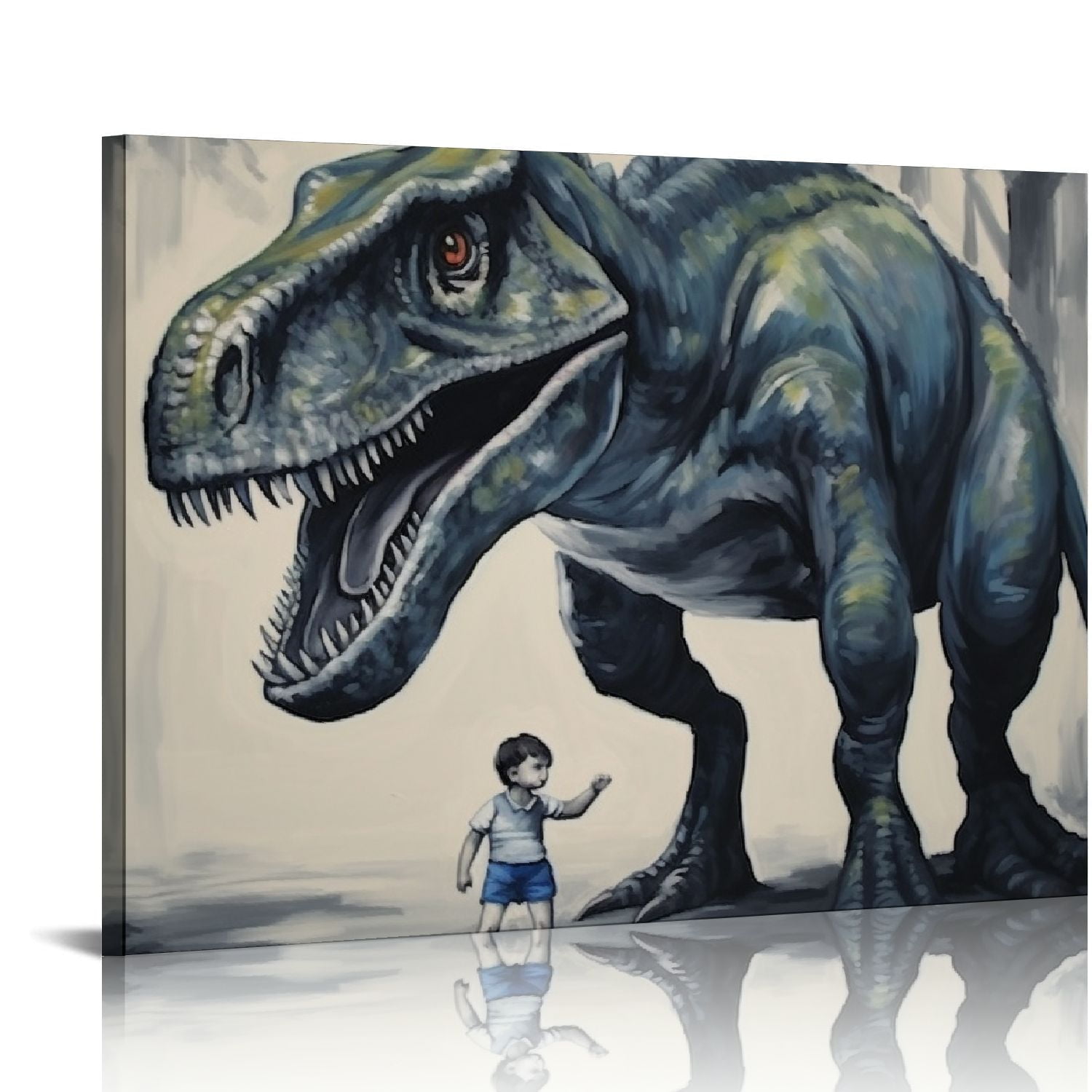 JEUXUS Dinosaur Canvas Wall Art - Cute Baby Boy Touching Trex Dinosaur - Stretched and Framed ...