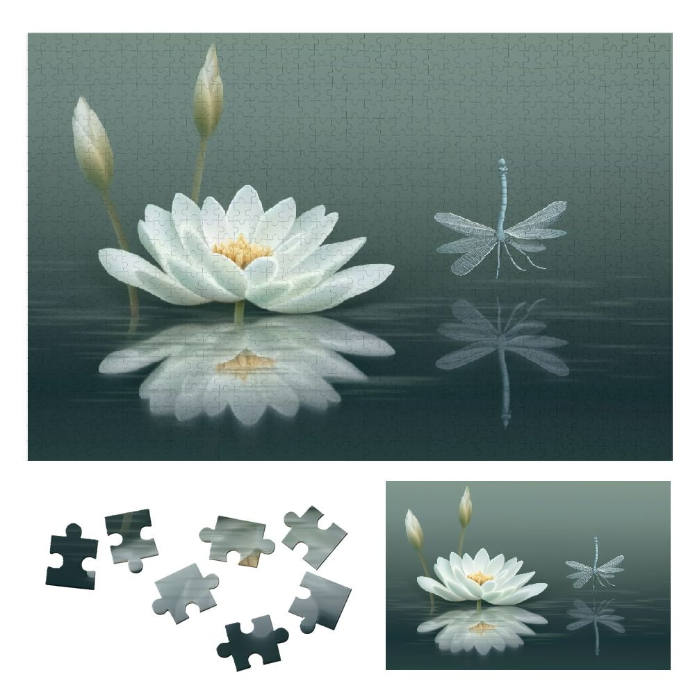 JEUXUS Dragonfly White Flower Reflection Wooden Jigsaw Puzzle ...