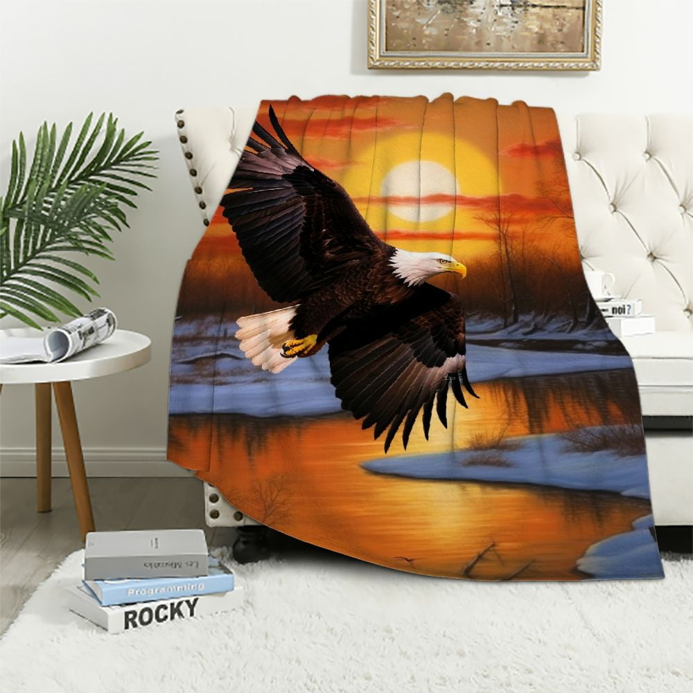 JEUXUS Eagle Blanket Sunset Hawk Flying Falcon Blanket Soft Fuzzy Plush ...