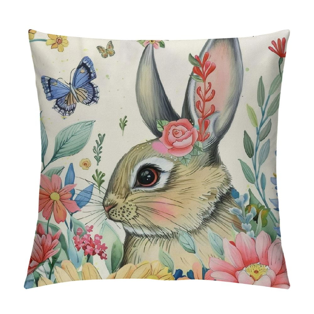 JEUXUS Easter Pillow Covers Cute Bunny Rabbit Floral Easter Farmhouse ...
