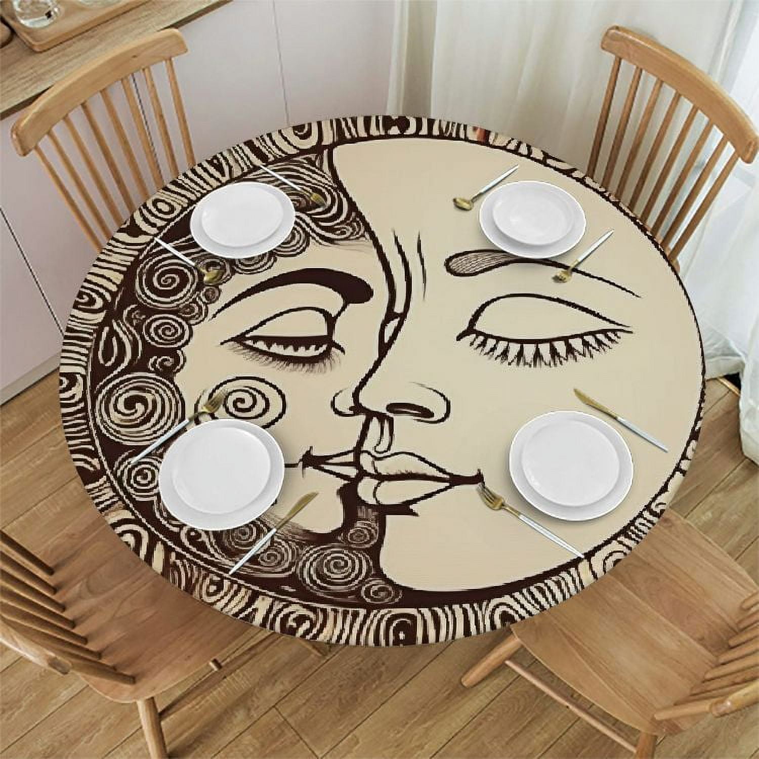 JEUXUS Elastic Tablecloth, Sketchy Decorative Fabric Table Cover for, Sun and Moon Celestial ...