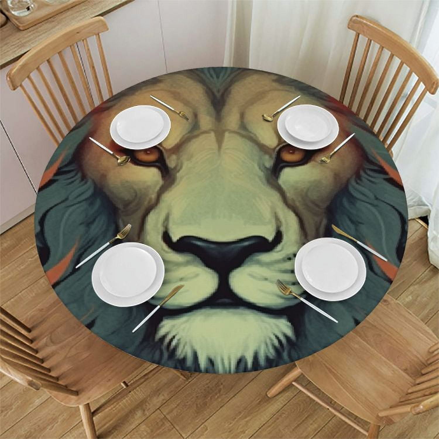 JEUXUS Ethnic Animal Lion Round Table Cover Elastic Fitted Edged ...