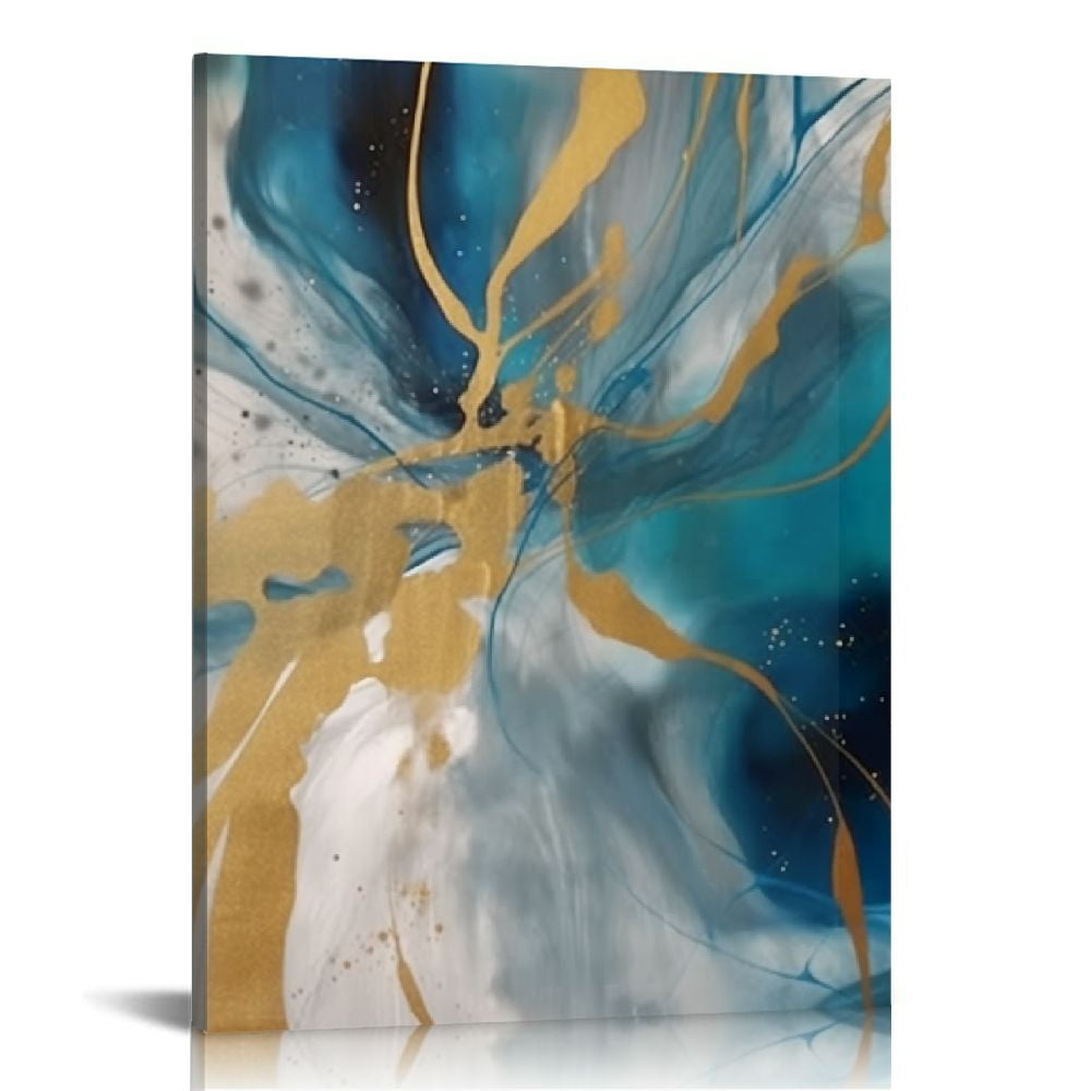 JEUXUS Extra Large Turquoise and Gold Canvas Wall Art Watercolor ...