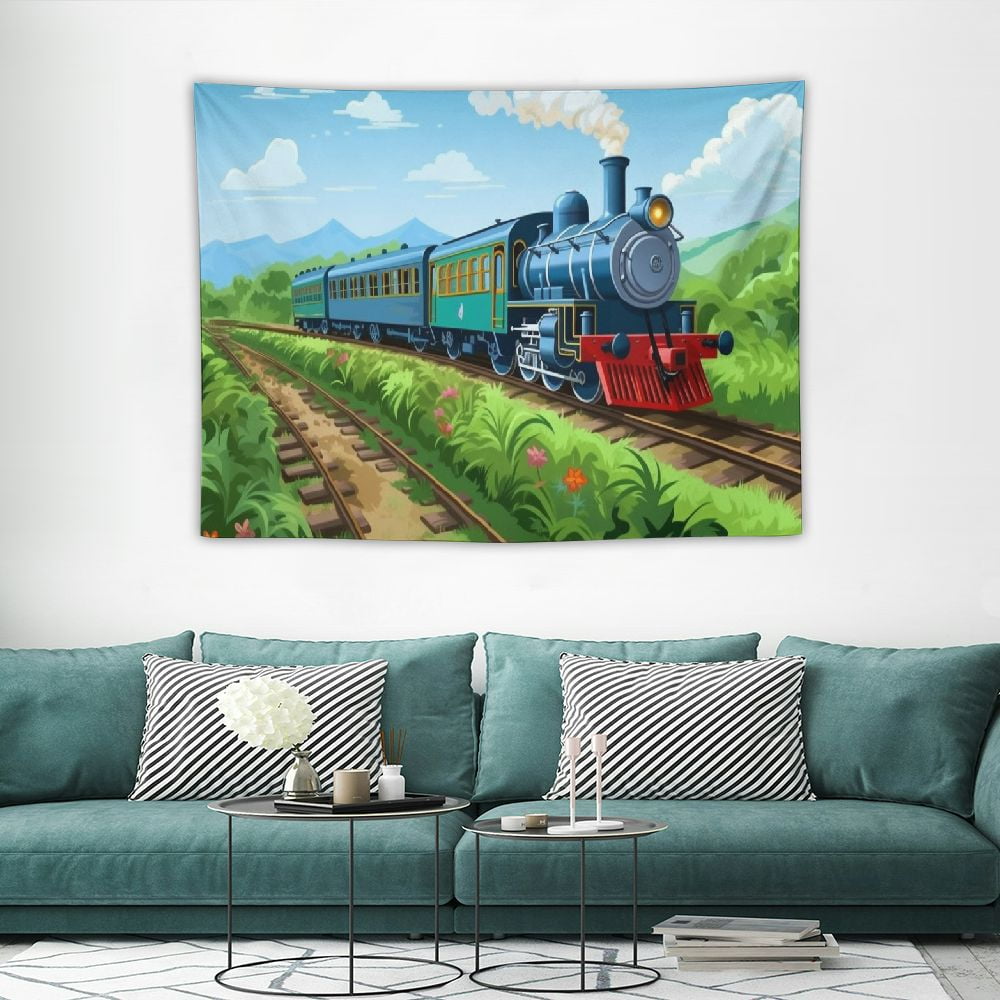 JEUXUS Fabric Cartoon Steam Train Backdrop Locomotive Train Railroad ...