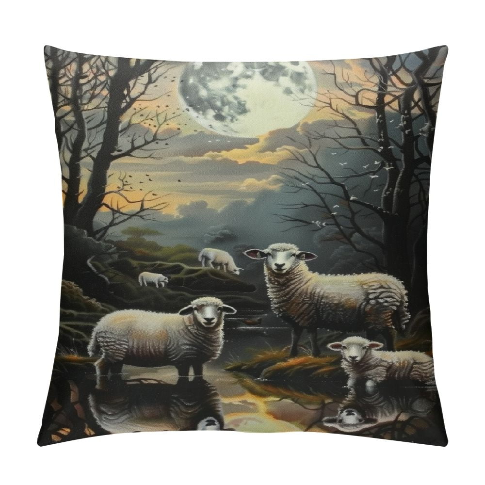 JEUXUS Farmhouse Sheep Pictures Painting Short Plush Pillowcase Square ...
