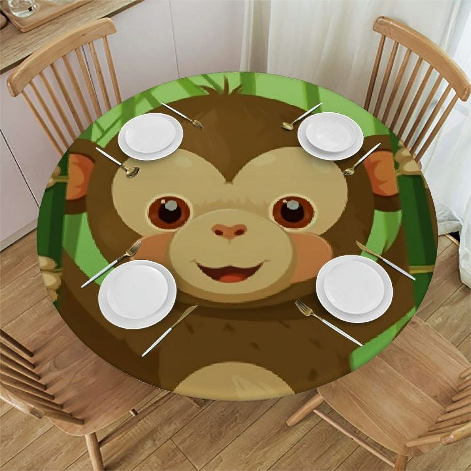 JEUXUS Fitted Round Tablecloth 58 Inch Cute Monkey,Brown Monkey Hanging ...