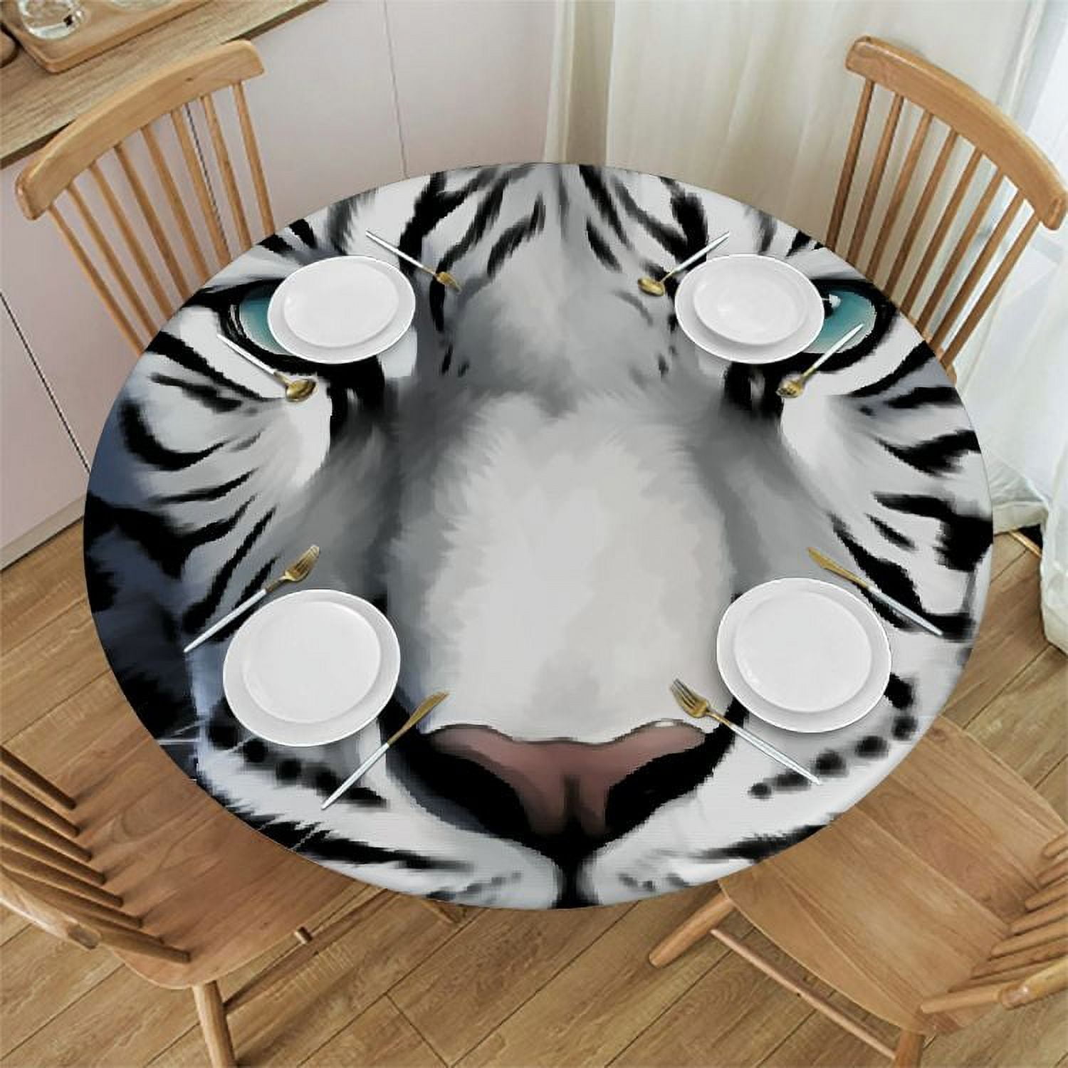 RUIYC Fitted Round Tablecloth Tiger,White Cool Tiger face Table Cover ...