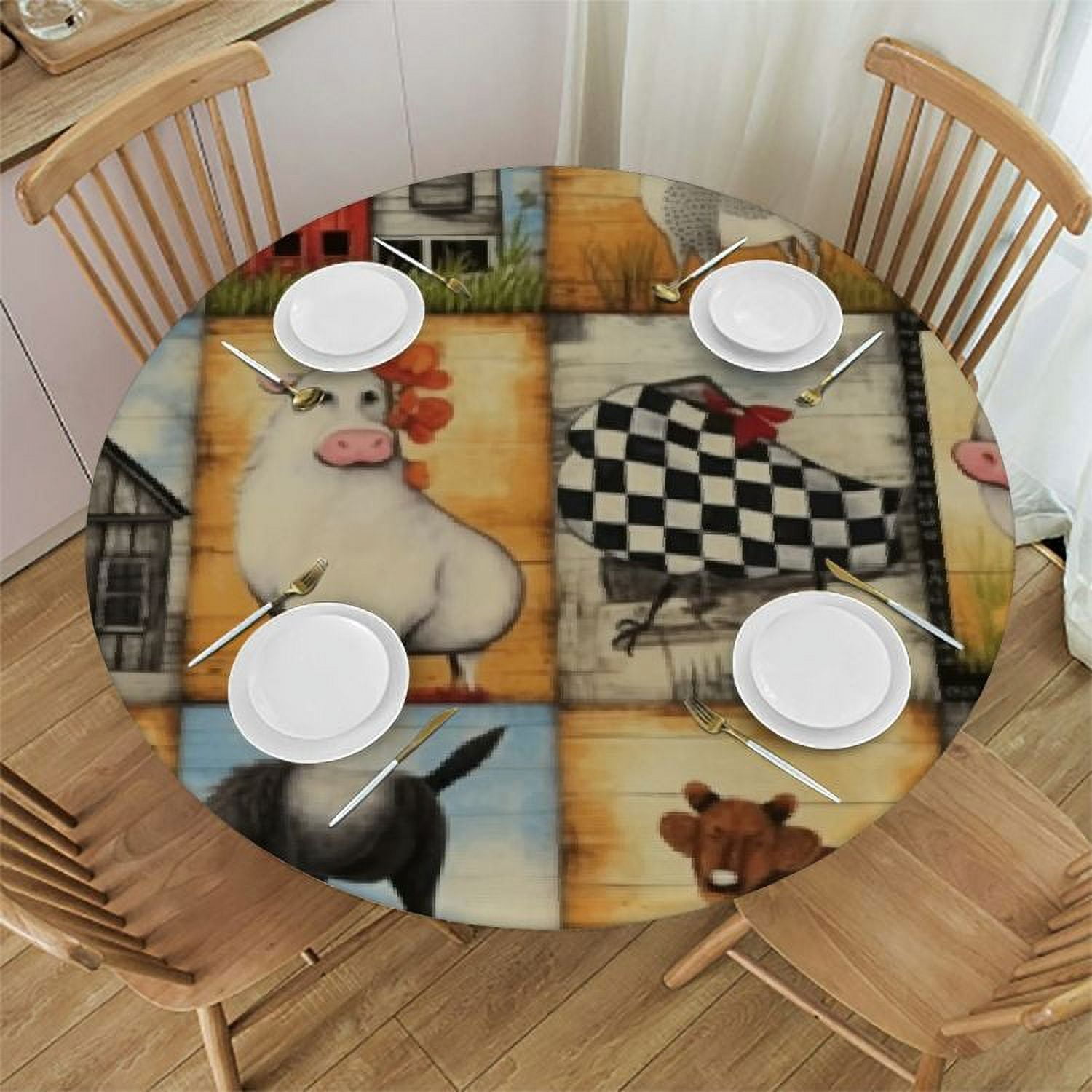 JEUXUS Fitted Tablecloth for Round Table,Farm Animal Cow Pig Vintage ...