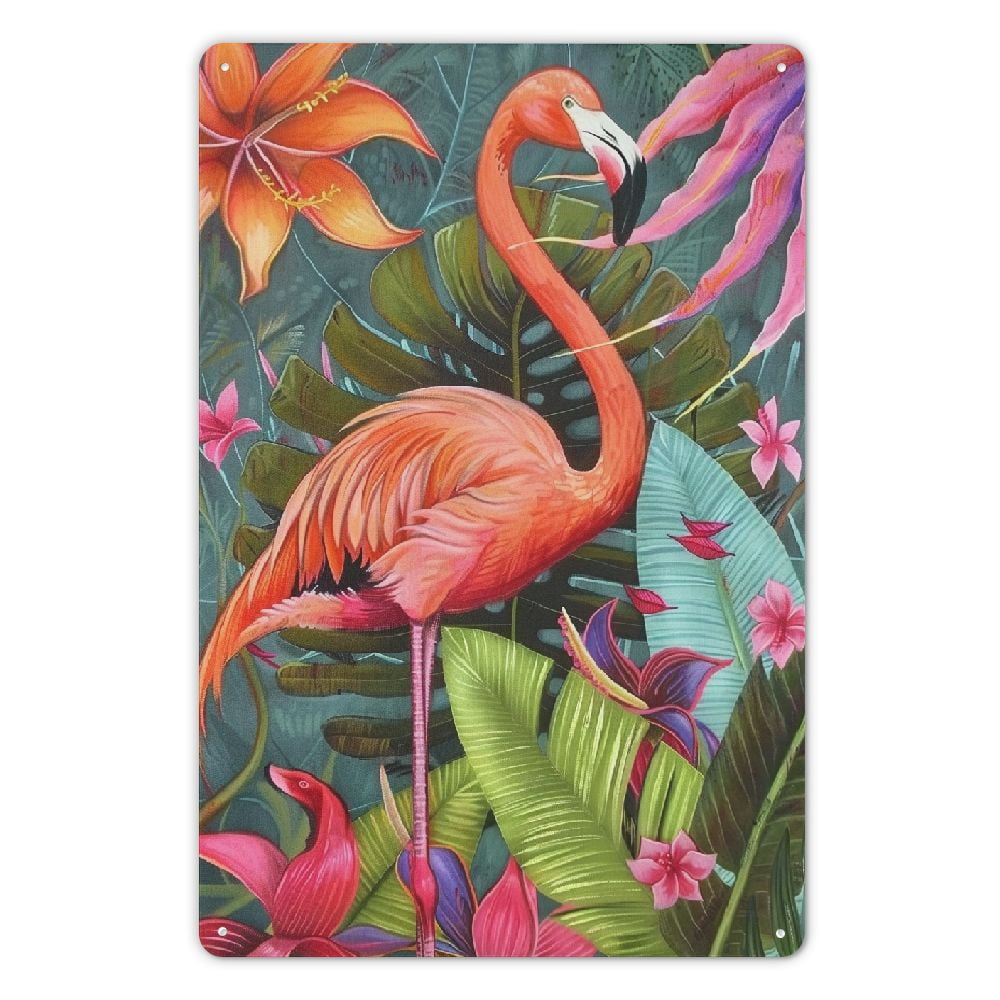 JEUXUS Flamingo Tropical Flowers Art Deco Metal Tin Sign 8x12in ...