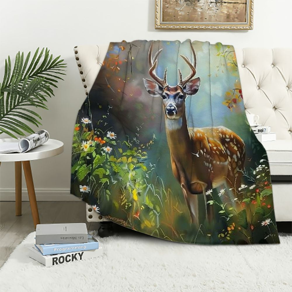 JEUXUS Flannel Blanket Plush Blanket Exquisite Gifts Deer Elk Pictures ...