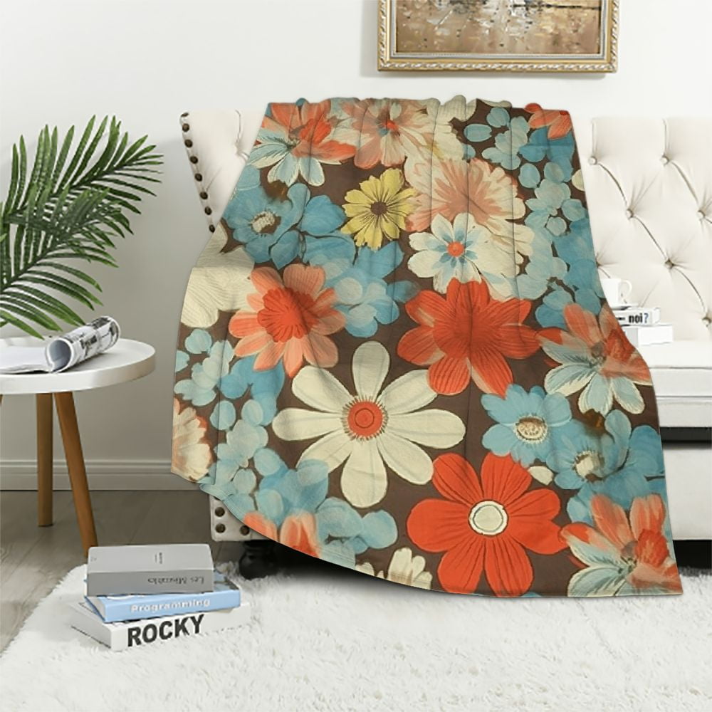 JEUXUS Floral Throw Blanket, Retro Flower Pattern Simplistic Designed ...