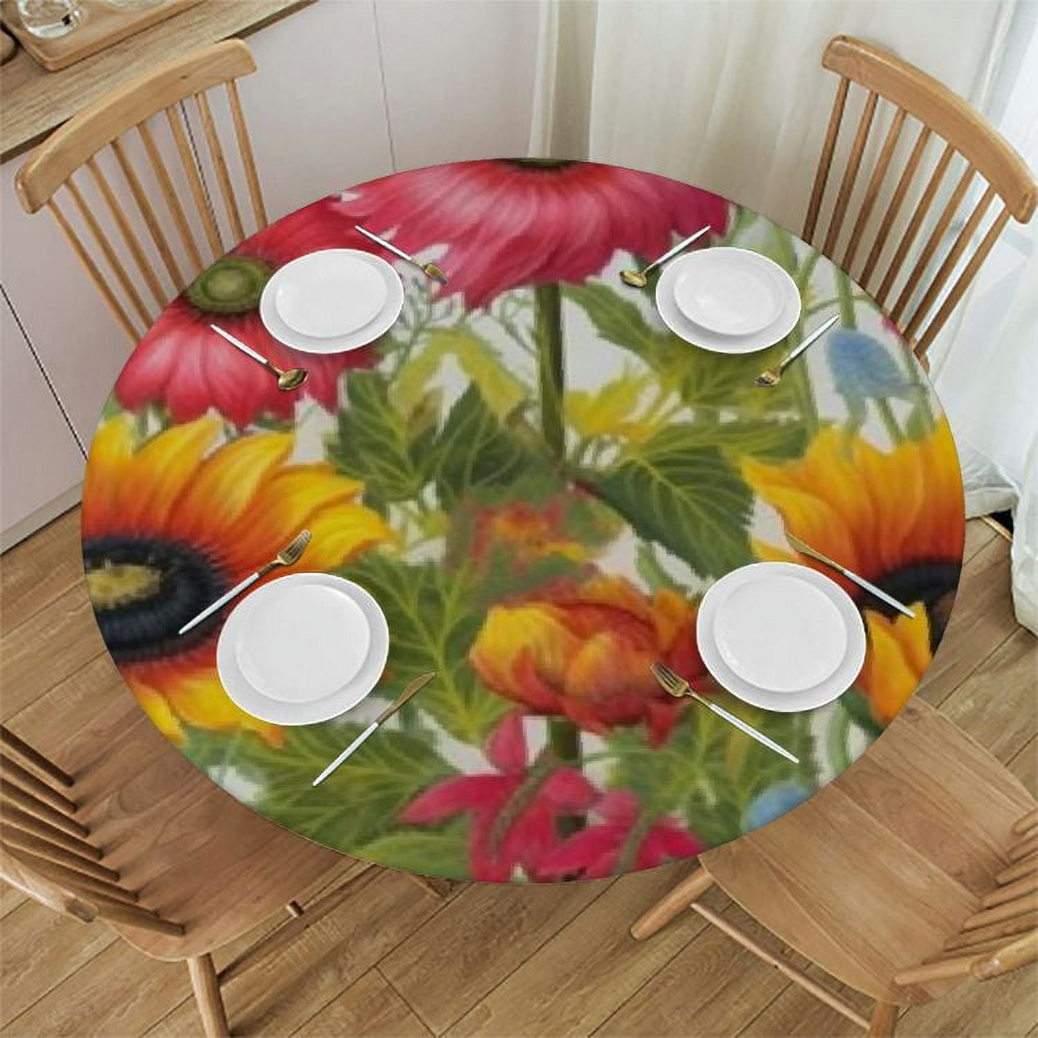 RUIYC Flower Floral Round Fitted Tablecloth, Sunflower Poppy Round ...