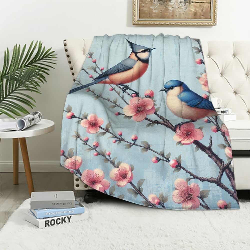 JEUXUS Flowers and Birds Pattern In Blue Flannel Blanket (Universal 1 ...