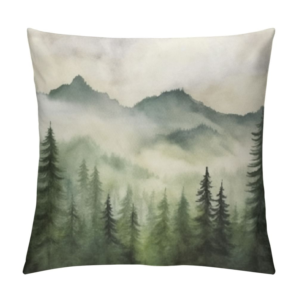 RUIYC Forest Throw Pillow Cushion Case, Watercolor Painting of Nature Landscape Forest Tree ...