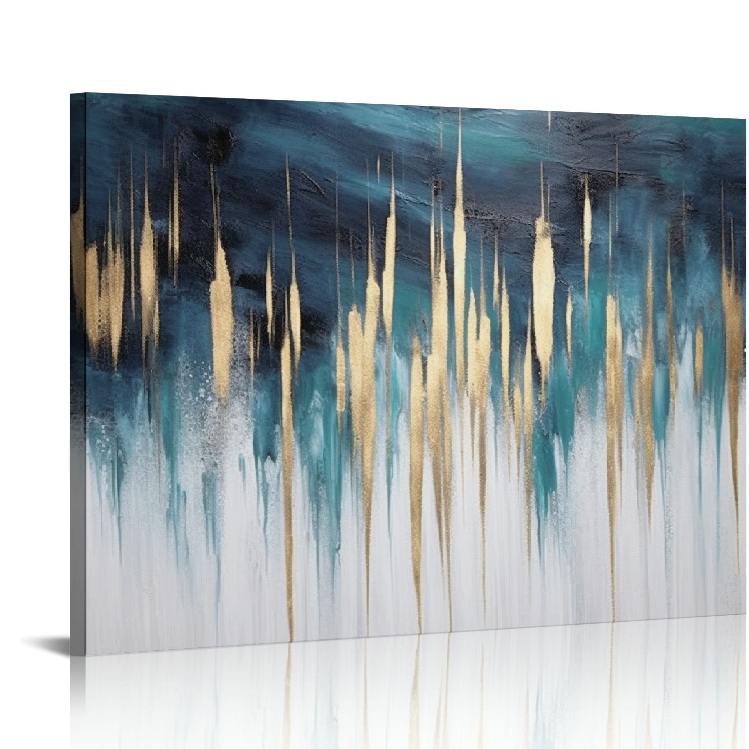 JEUXUS Framed Blue Teal Abstract Art: Turquoise Gray & Gold Painting ...