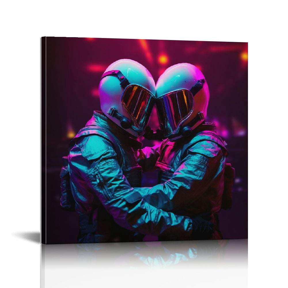 JEUXUS Framed Canvas Print Wall Art Neon Retro Hugging Astronauts ...